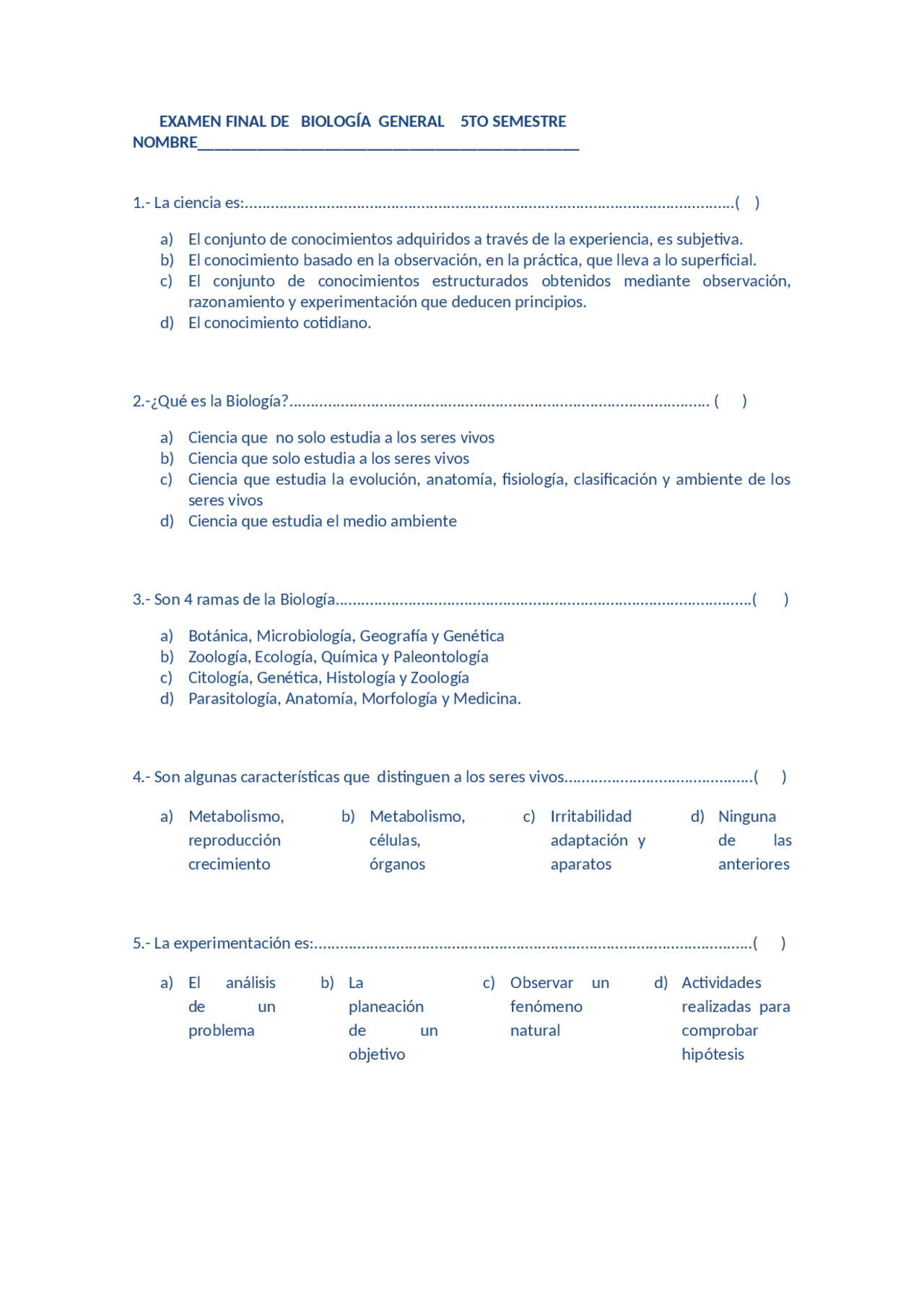 Examen Final De Biologia General Exámenes De Biología Docsity