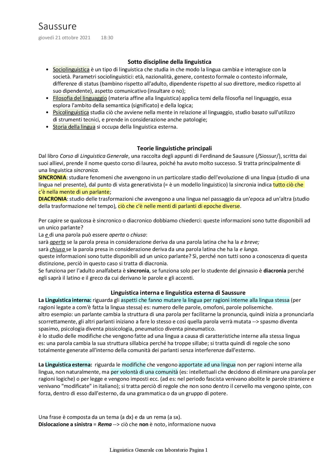 Ferdinand De Saussure Appunti Di Linguistica Generale Docsity