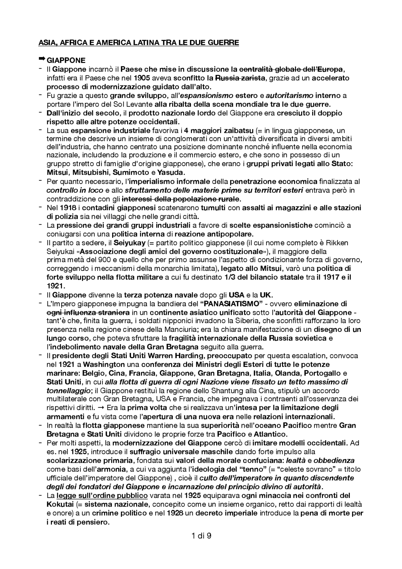 ASIA, AFRICA E AMERICA LATINA TRA LE DUE GUERRE - Docsity