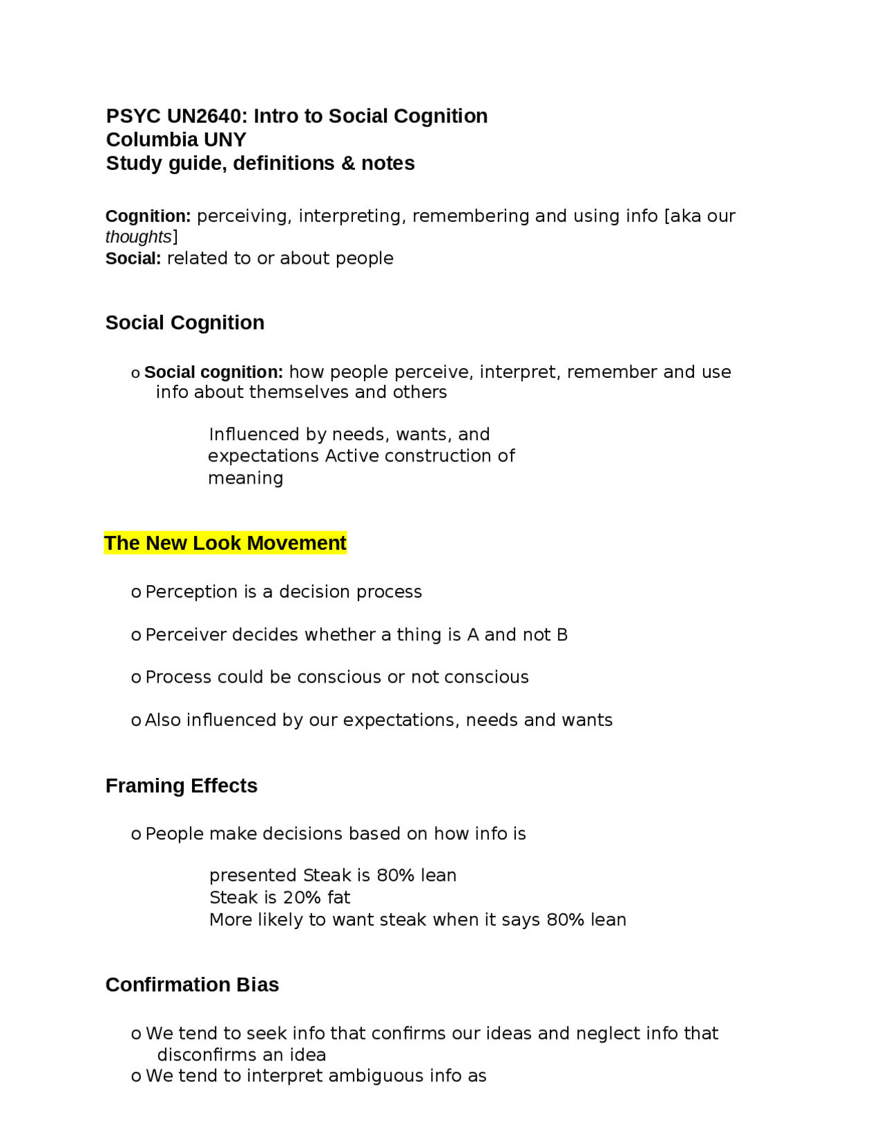 PSYC UN2640: Intro to Social Cognition Columbia UNY Study guide ...