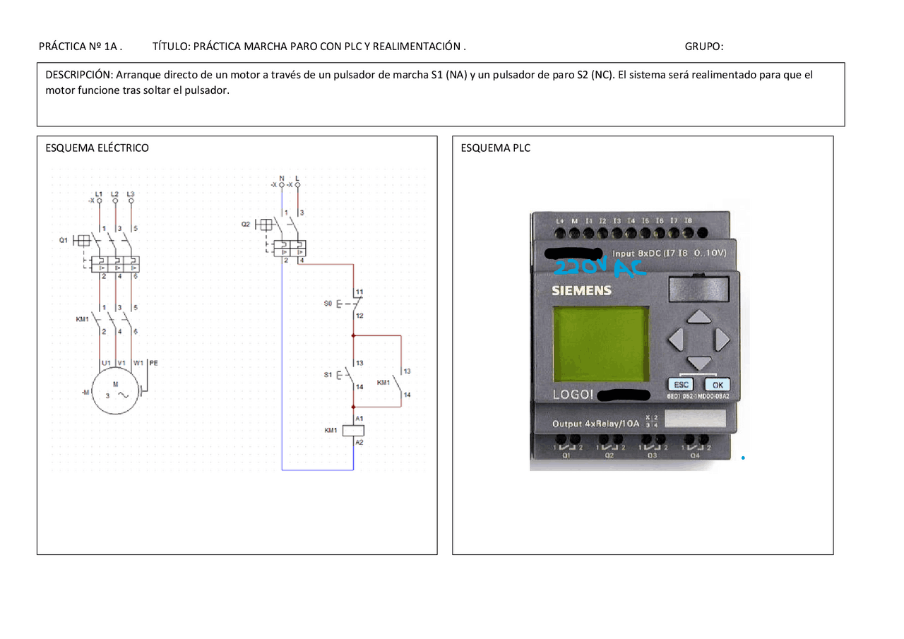 Practica marcha paro | Ejercicios de Tecnología Industrial | Docsity