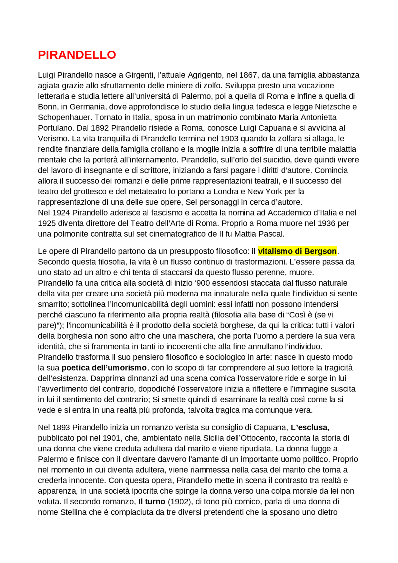 Pirandello: vita e opere - Riassunto | Appunti di Letteratura Italiana | Docsity