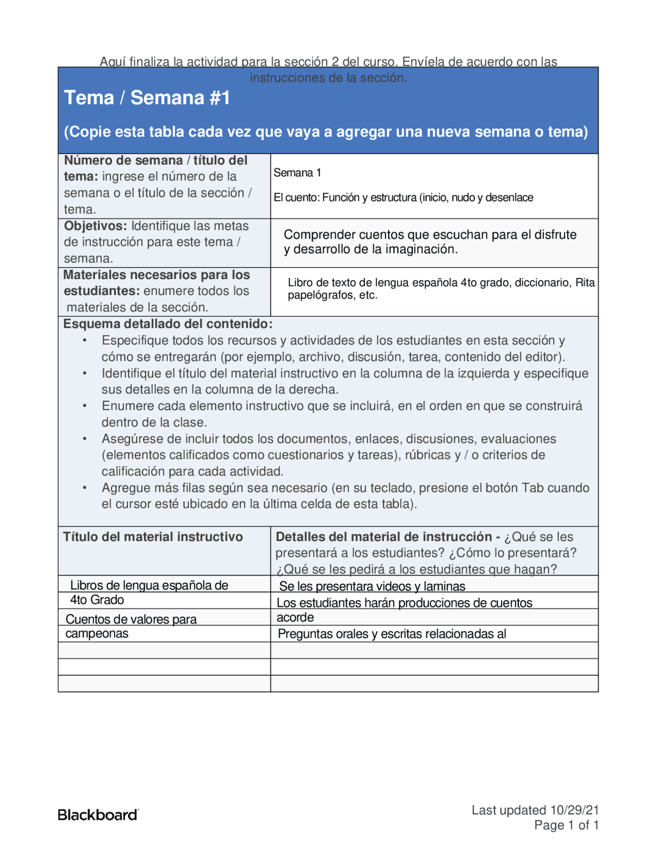 Plan semanal para curso de Lengua Española en 4to grado: Cuentos ...