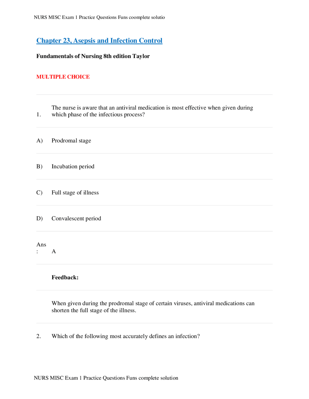 NURS MISC Exam 1 Practice Questions on Asepsis and Infection Control ...