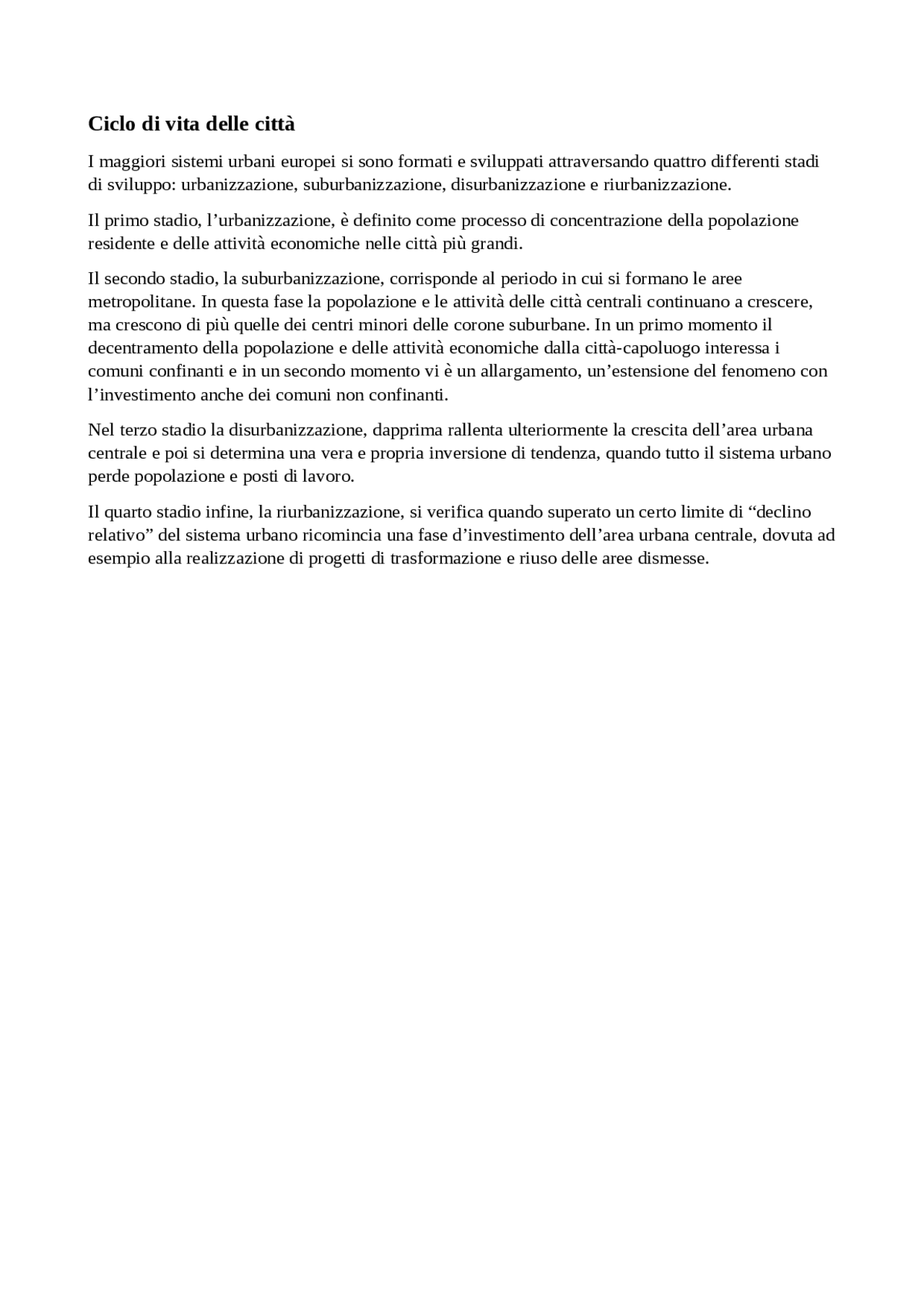 Ciclo Di Vita Delle Città Appunti Di Geografia Docsity