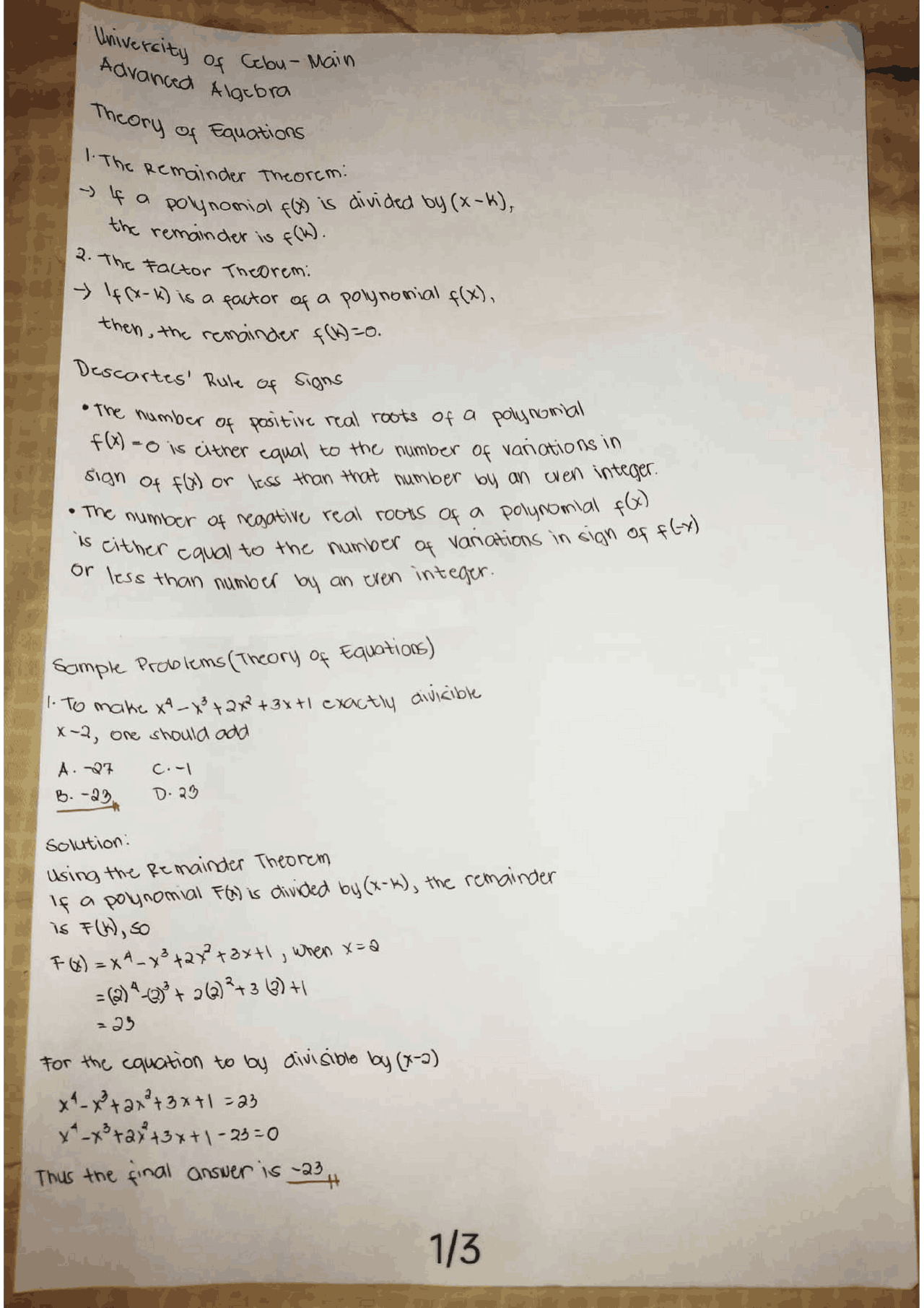 Mathematical Equations and Problems | Exercises Algebra | Docsity