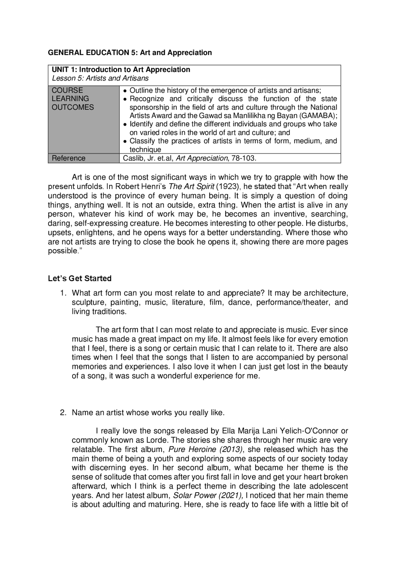 Art Appreciation Lesson 5 | Assignments Art | Docsity