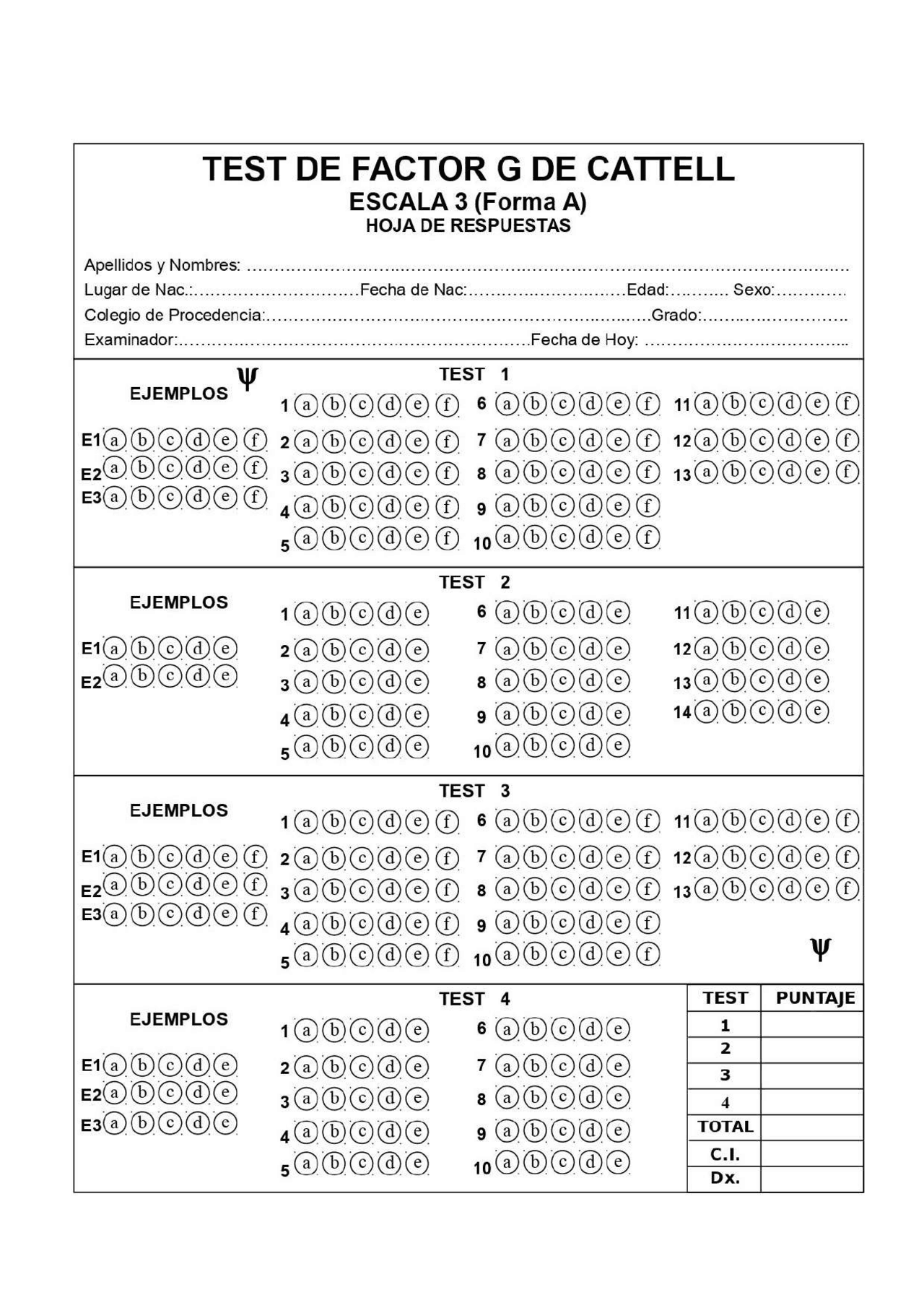 Hoja de respuestas del Test del Factor G de Cattell | Apuntes de ...