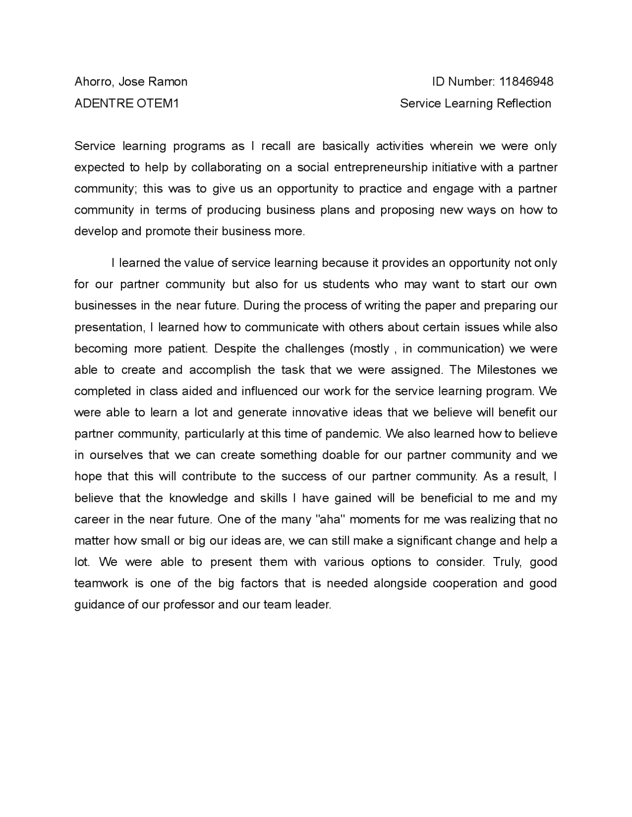 Service Learning Reflection: Empowering Communities through ...