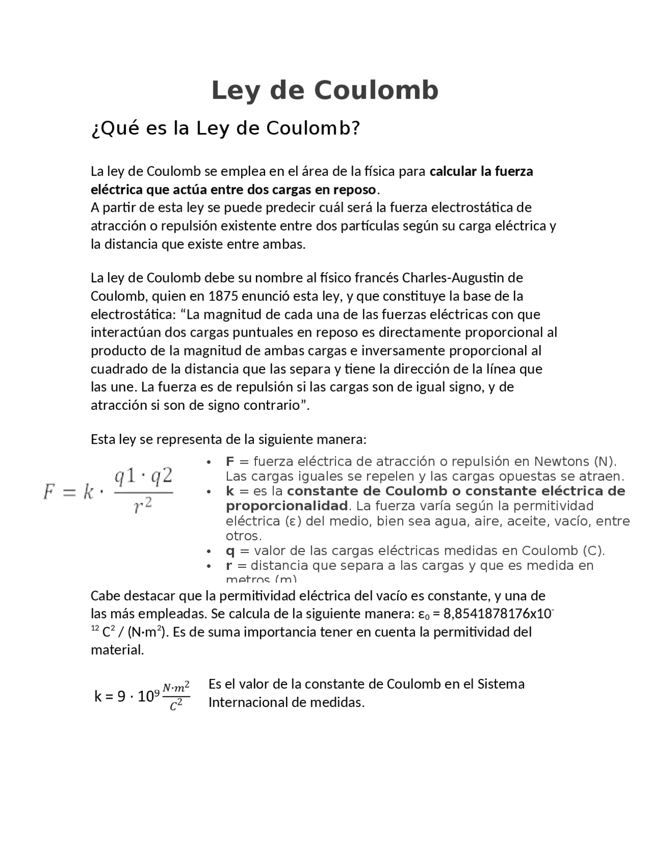 La ley de columb y formula | Guías, Proyectos, Investigaciones de Física | Docsity