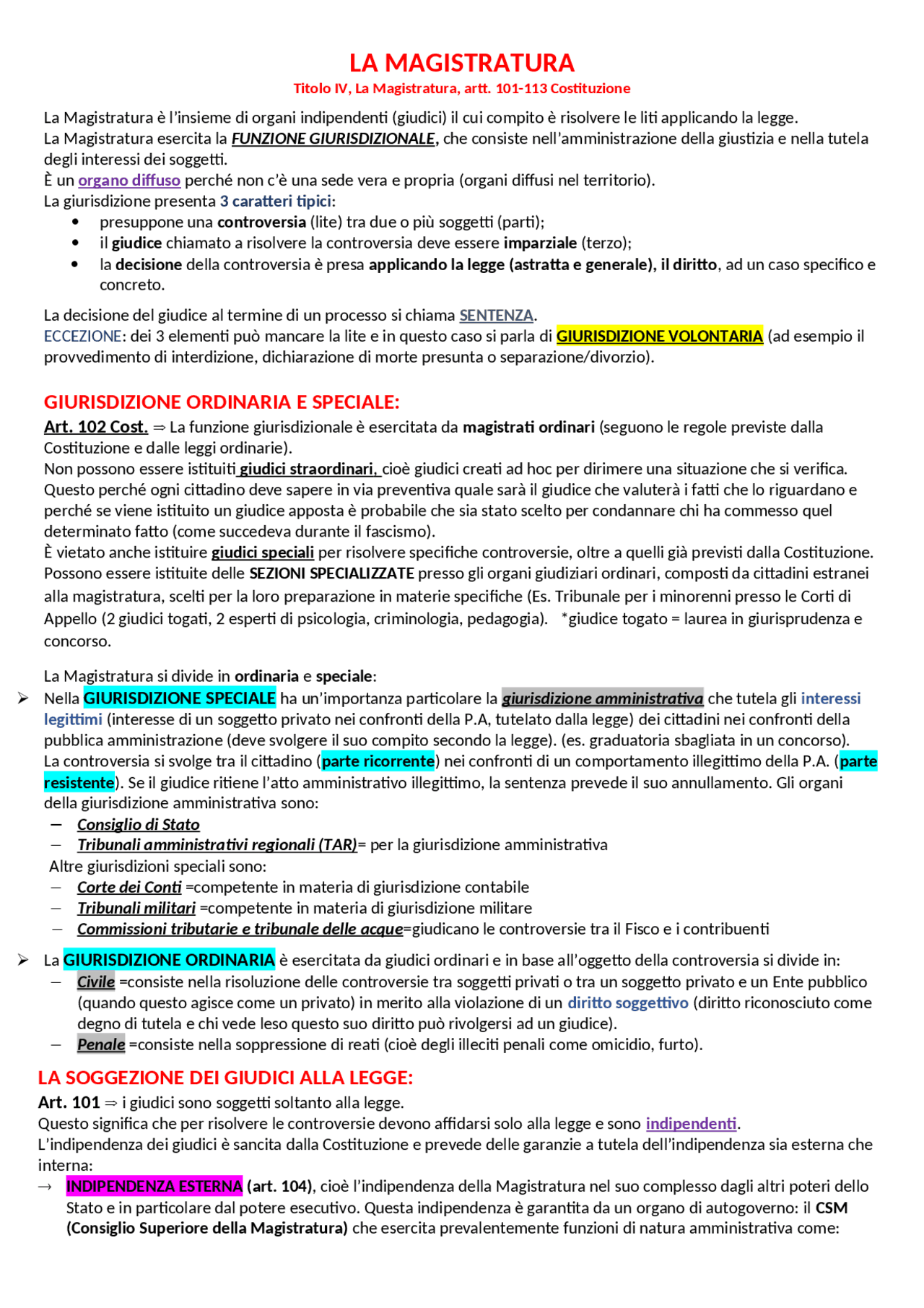 La Magistratura: Funzionamento, Giurisdizioni Speciali e Indipendenza | Appunti di Diritto | Docsity