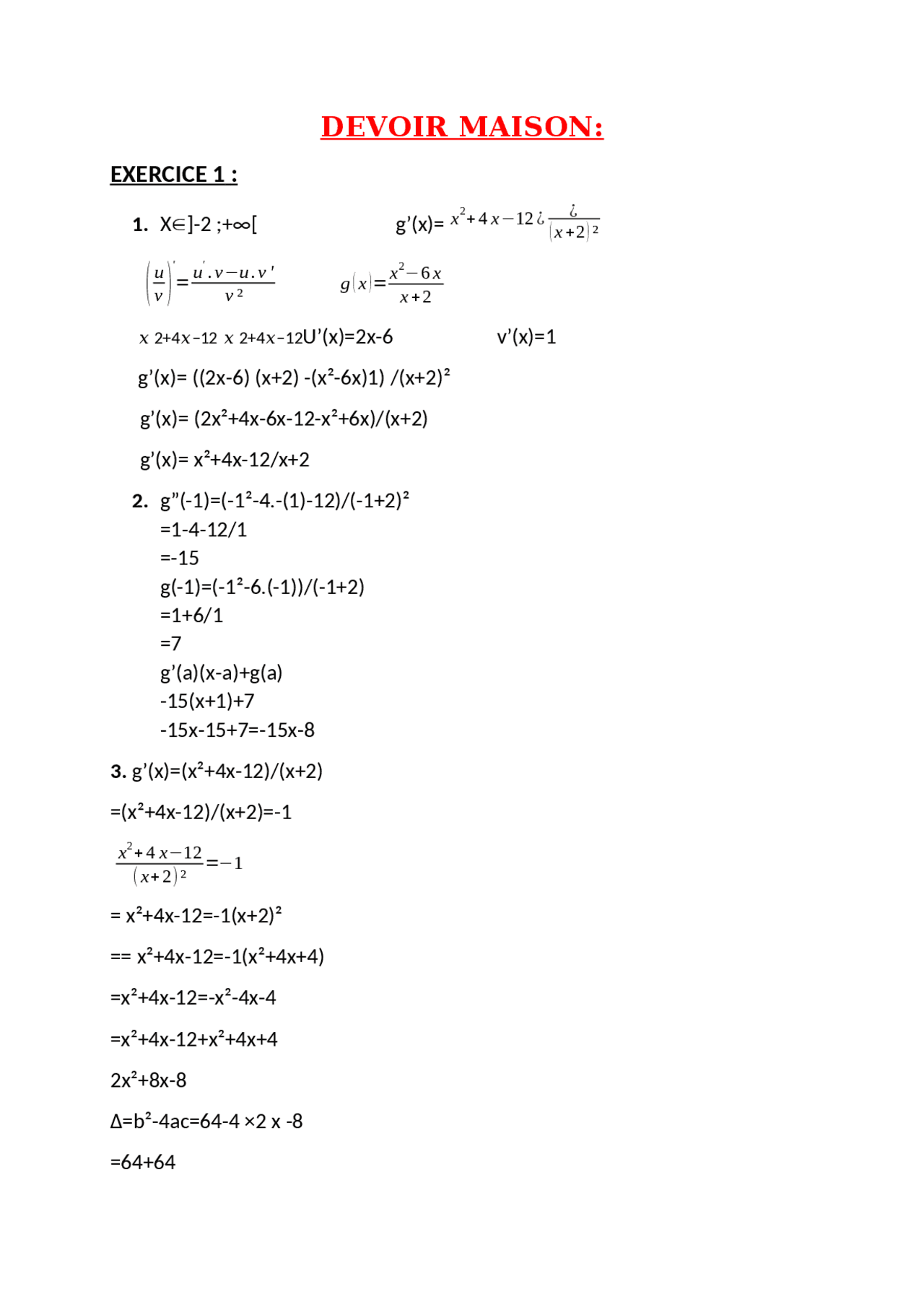 Devoir maison de maths | Exercices Mathématiques | Docsity