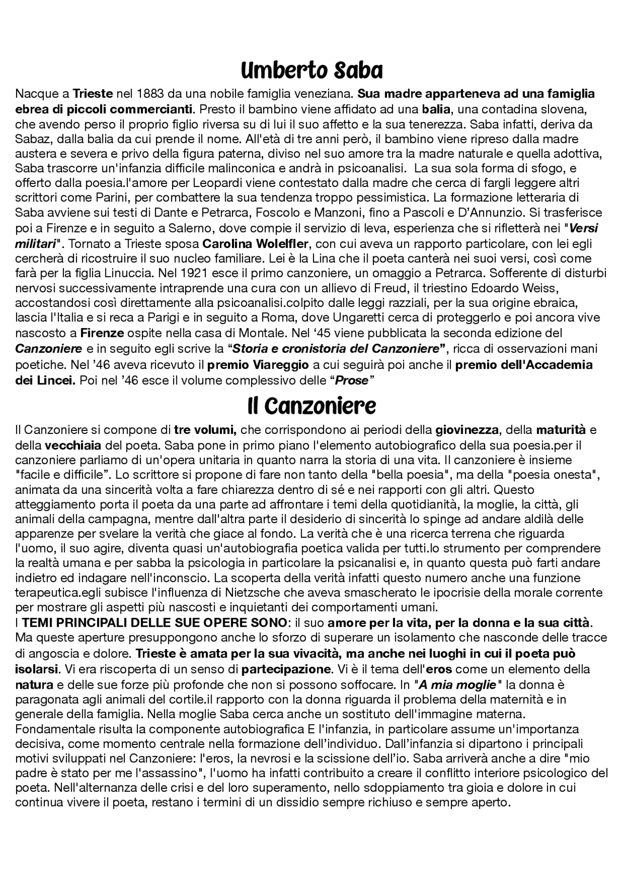 Umberto Saba Vita E Opere Appunti Di Italiano Docsity