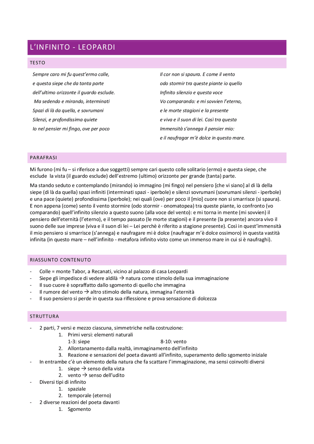 INFINITO - LEOPARDI (parafrasi e analisi) | Schemi e mappe concettuali ...