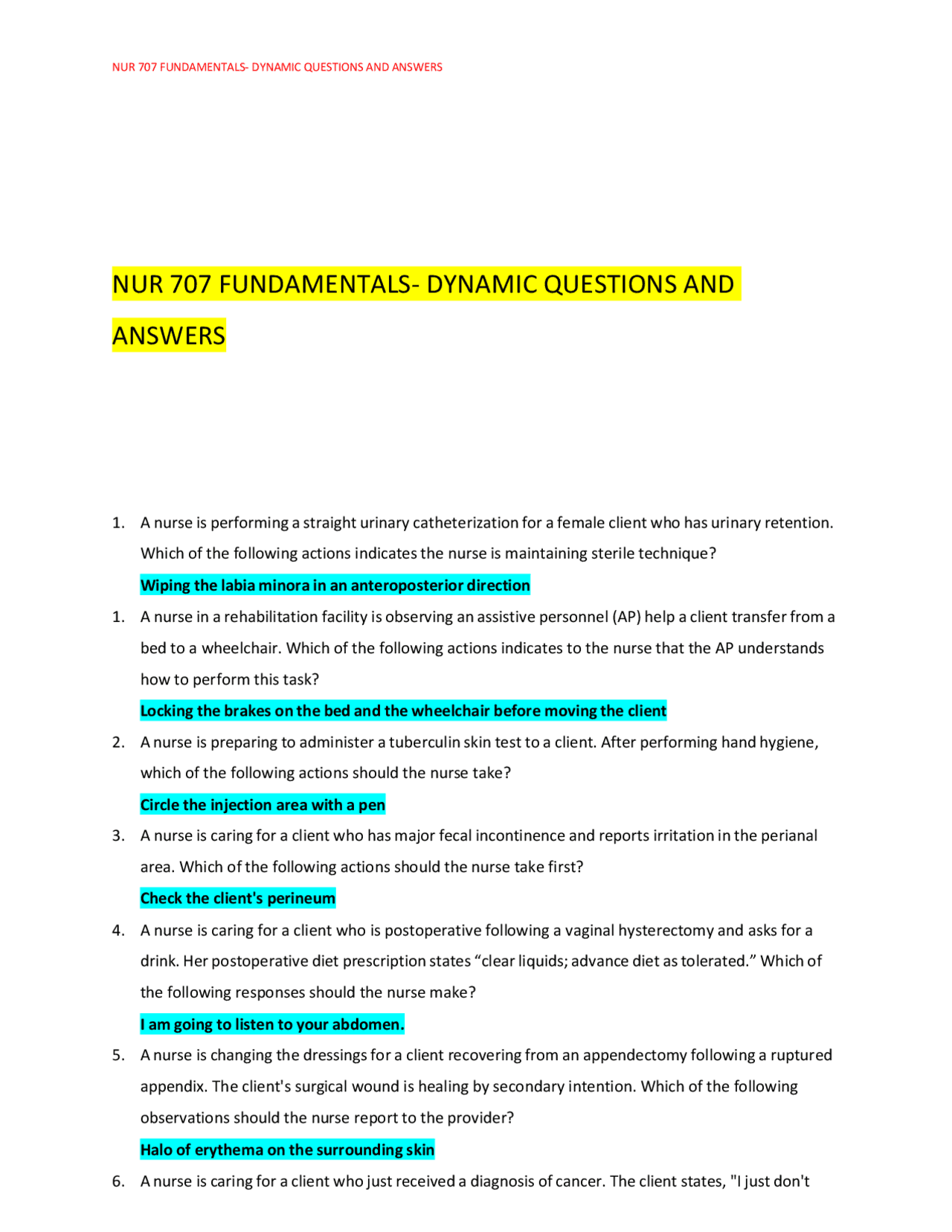 NUR 707 Fundamentals: Dynamic Questions and Answers | Exams Nursing ...