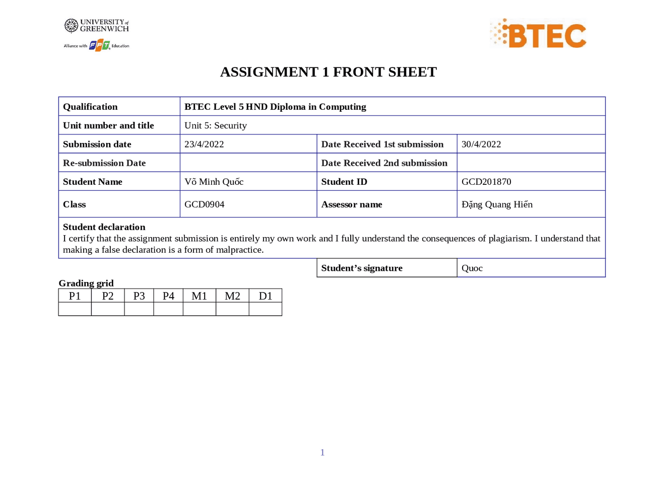 Unit 5 Security Grade P M Assignment 1 Assignments For