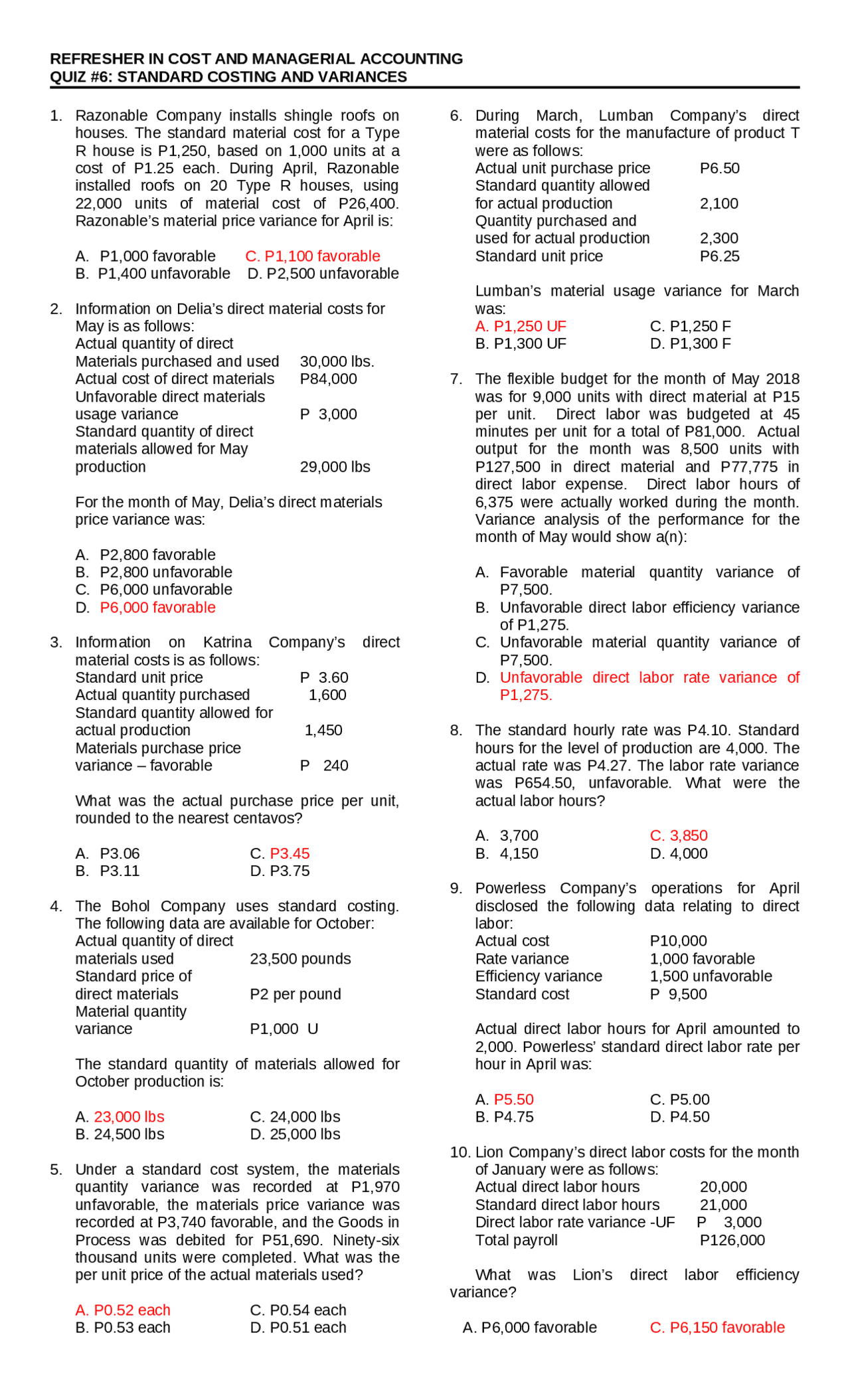 Standard Costing And Variances Quizzes Cost Accounting Docsity