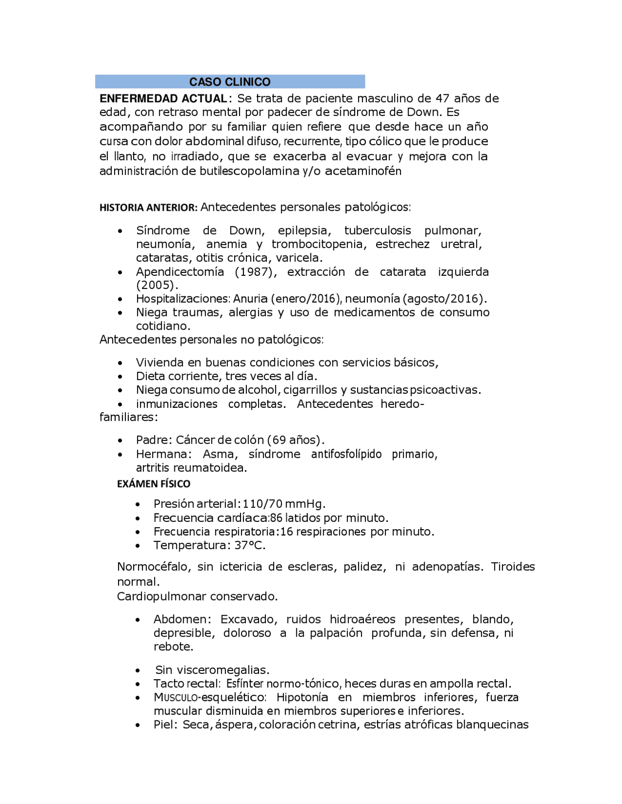 Docuemneto De Fisiopatologia Caso Clinico Ejercicios De Fisiología