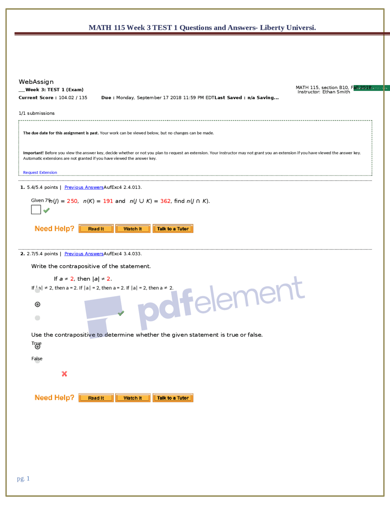 Math 115 Week 3 Test 1 Questions And Answers Liberty University Exams Mathematics Docsity