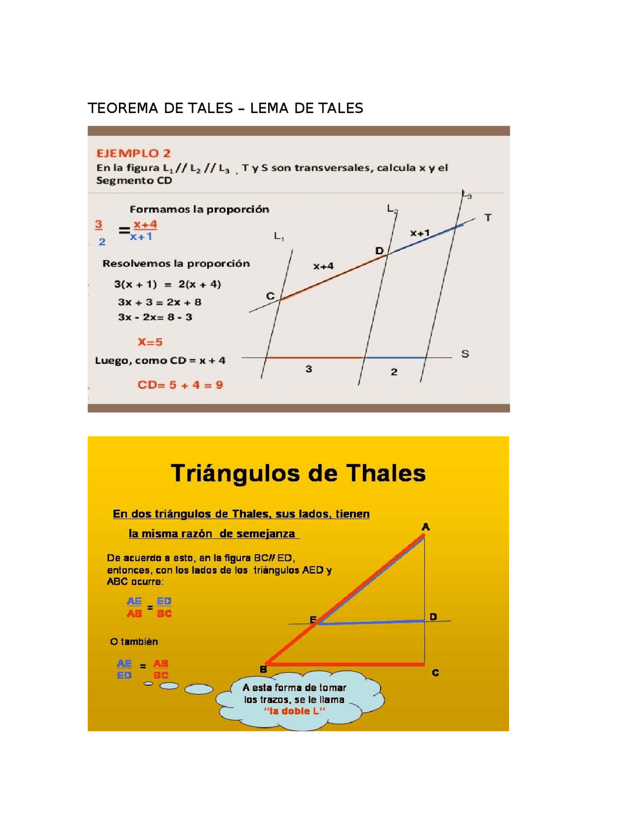 Teorema de tales en triangulos y lineas | Exercices de Mathématiques | Docsity