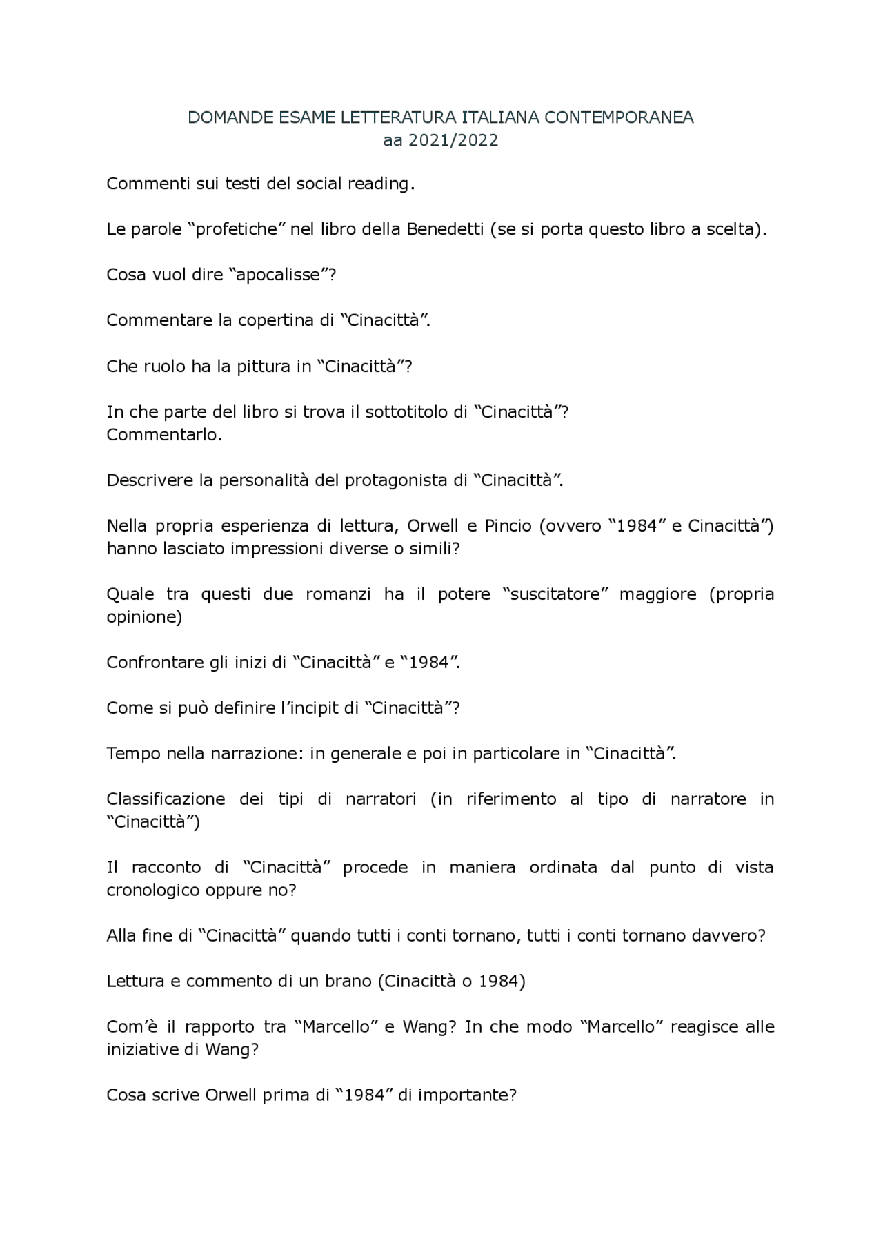 DOMANDE ESAME LETTERATURA | Prove d'esame di Letteratura Italiana | Docsity