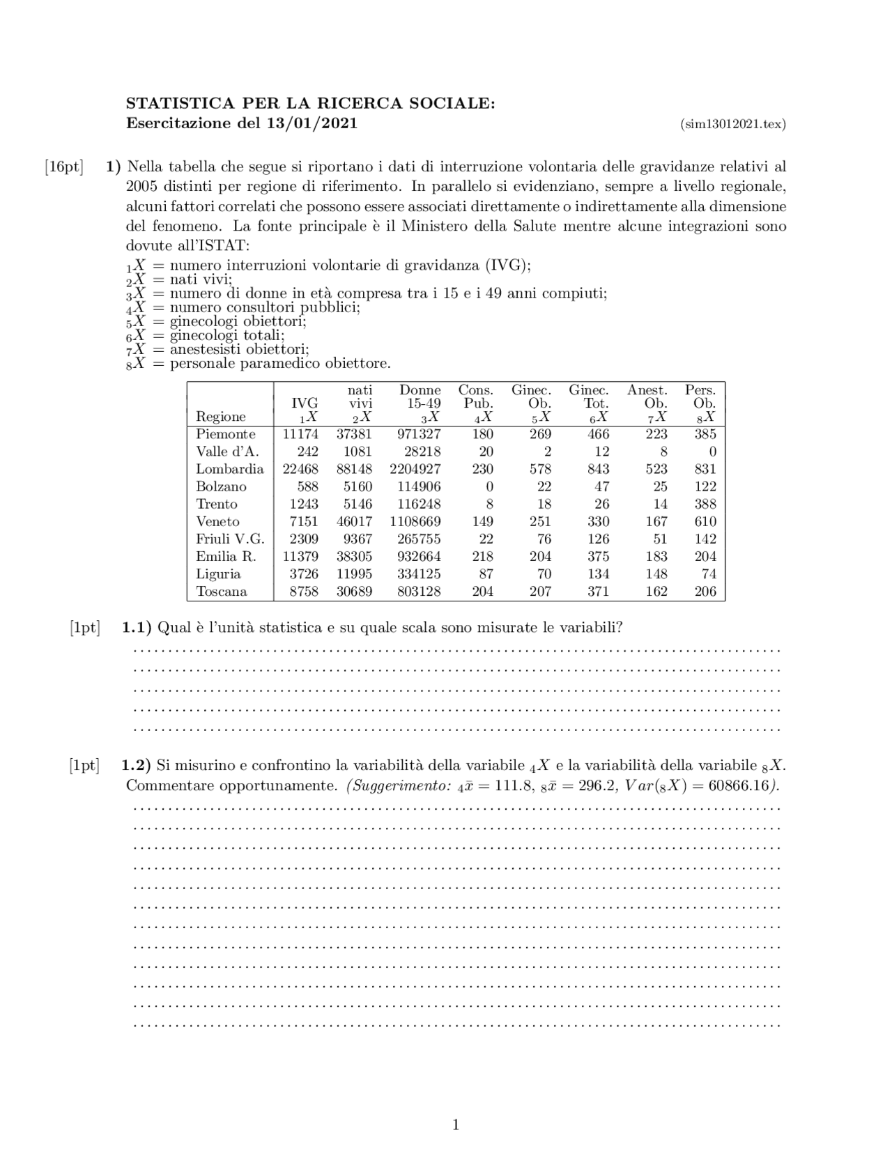 Simulazione prova d'esame | Prove d'esame di Statistica Sociale | Docsity