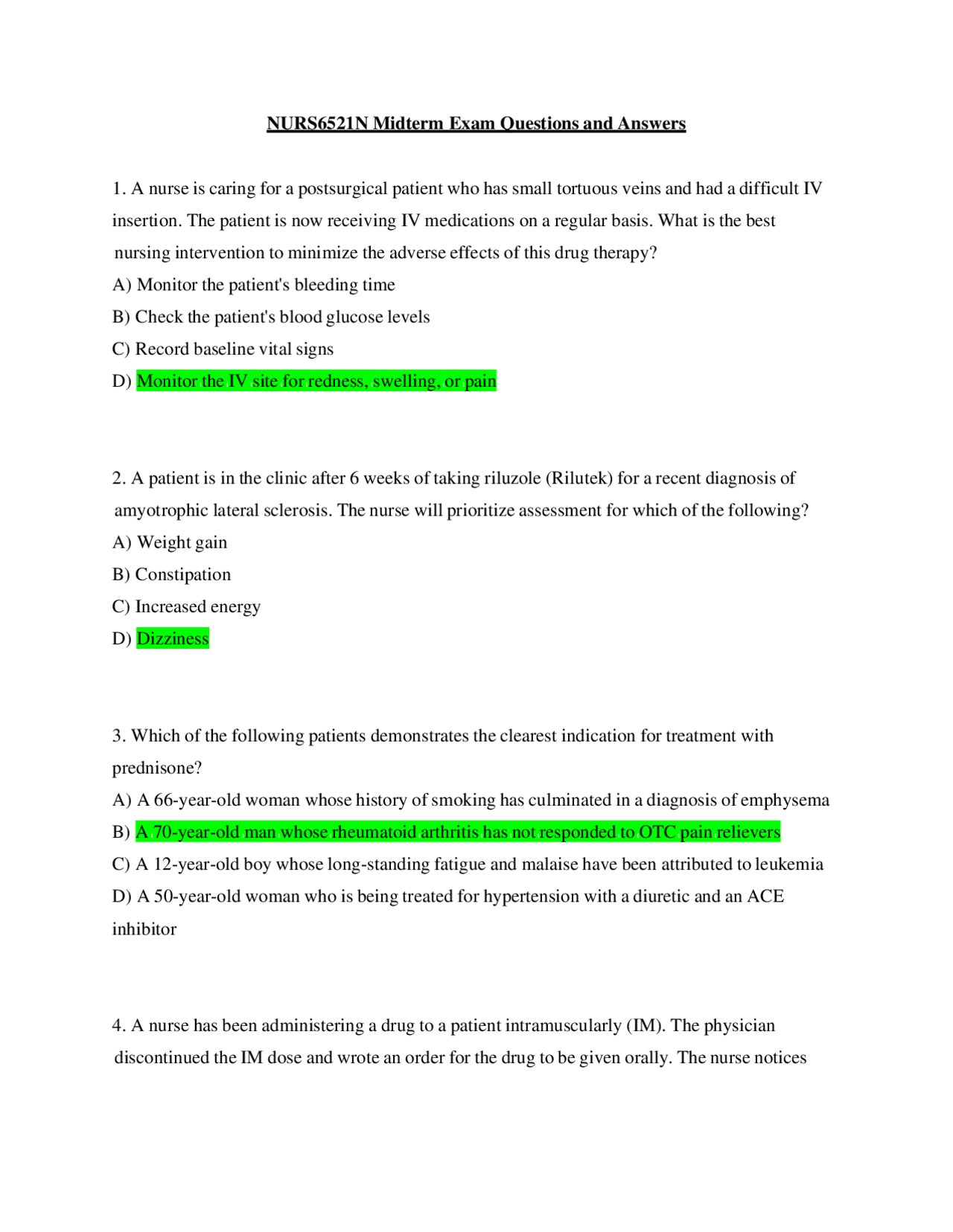 Nursing Midterm Exam Questions and Answers | Exams Nursing | Docsity