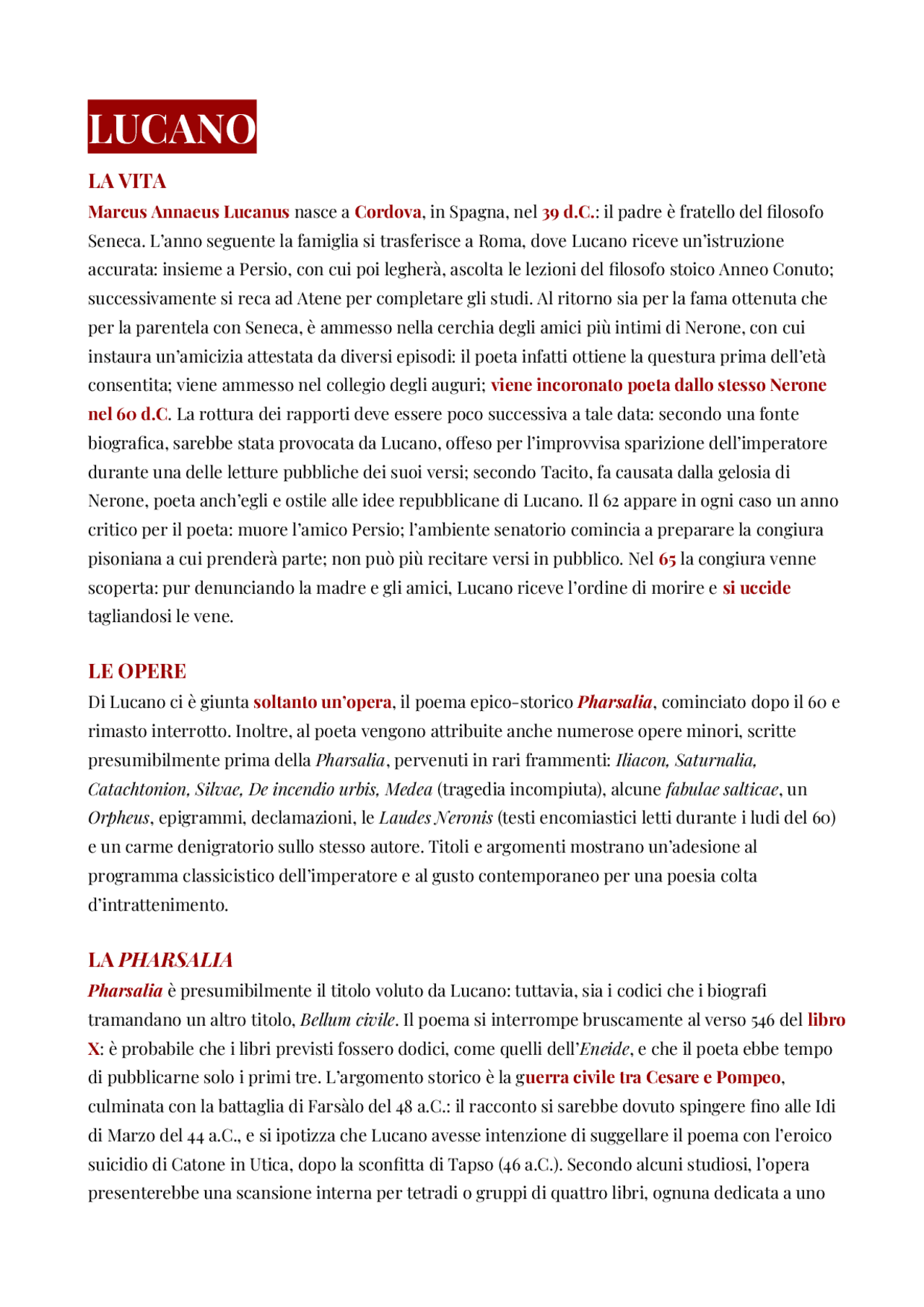 Lucano E La Pharsalia Appunti Di Latino Docsity