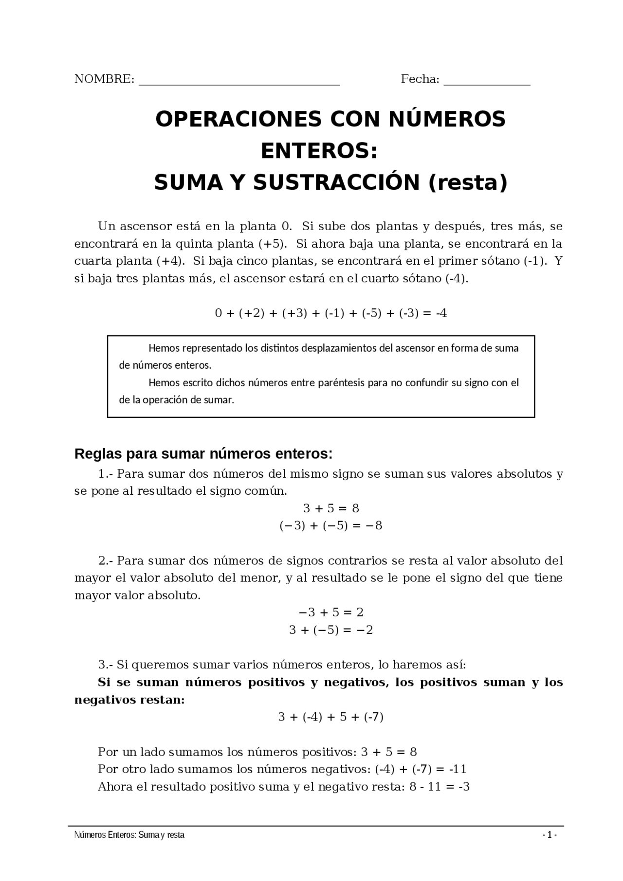 Números Enteros Suma Y Resta De Números Enteros Números Enteros