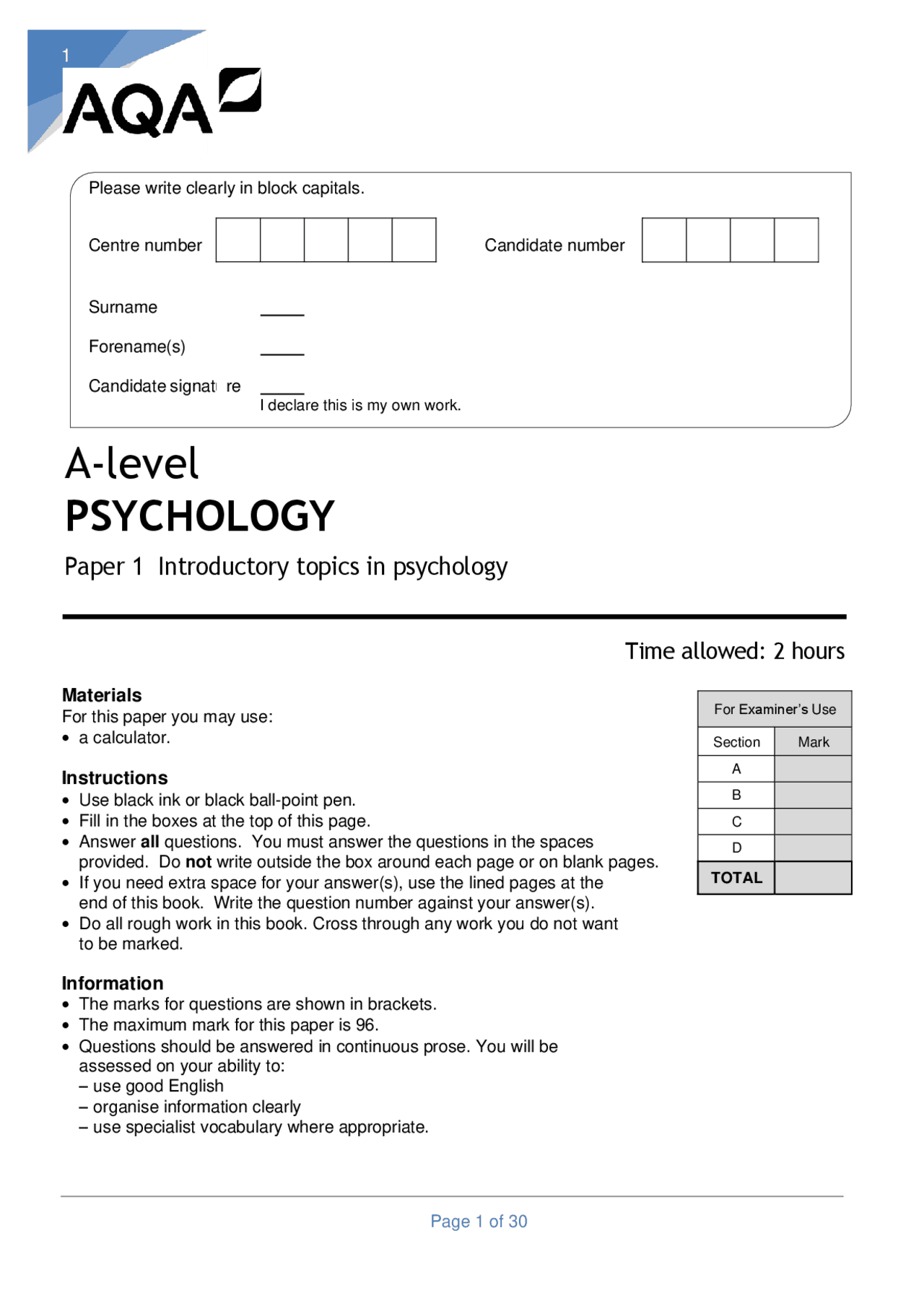 AQA A LEVEL 7182_1_QP_Psychology_2021. | Exams Nursing | Docsity