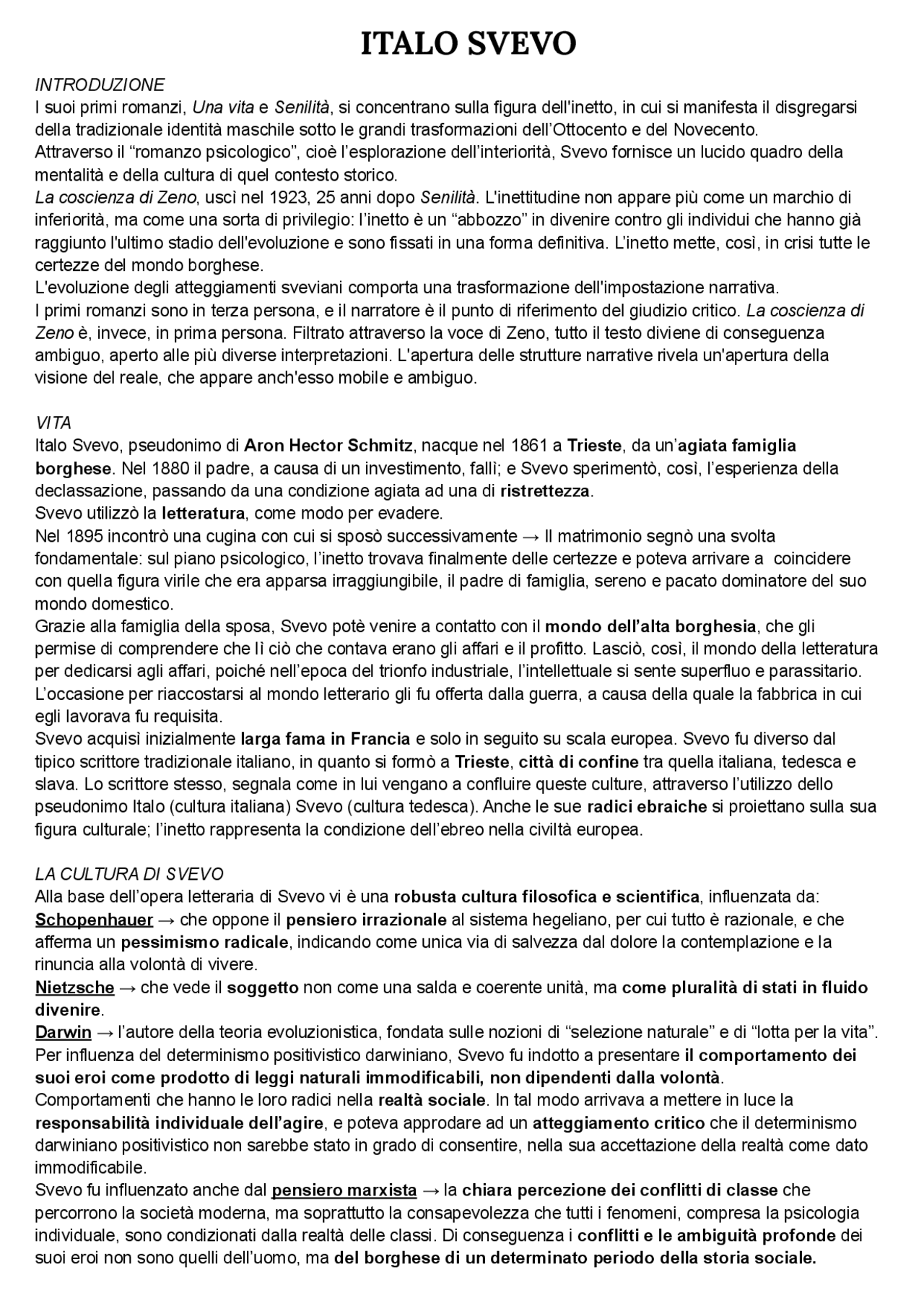 Italo Svevo, vita, poetica e opere. | Appunti di Italiano | Docsity