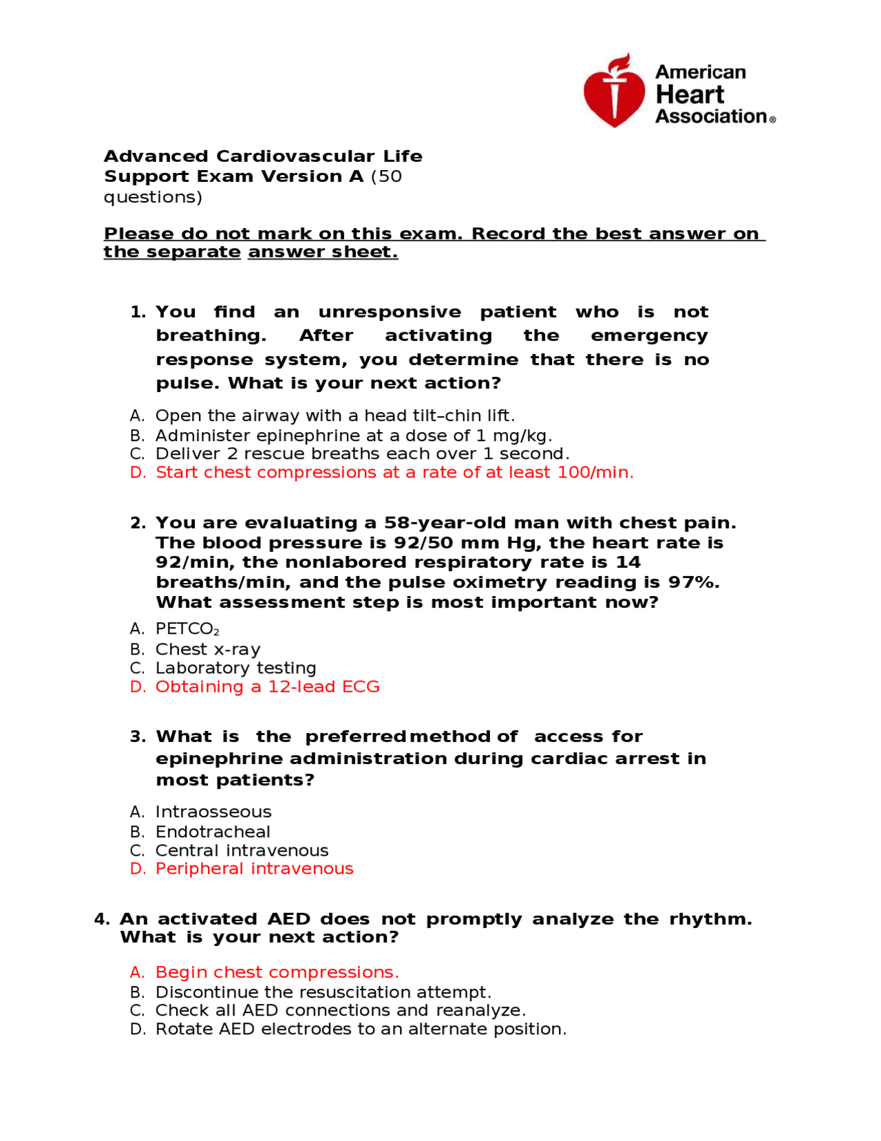 Acls Exam Questions And Answers 2 Acls Exam Version A Acls Exam Questions And Answers 2 Acls Exam Version A