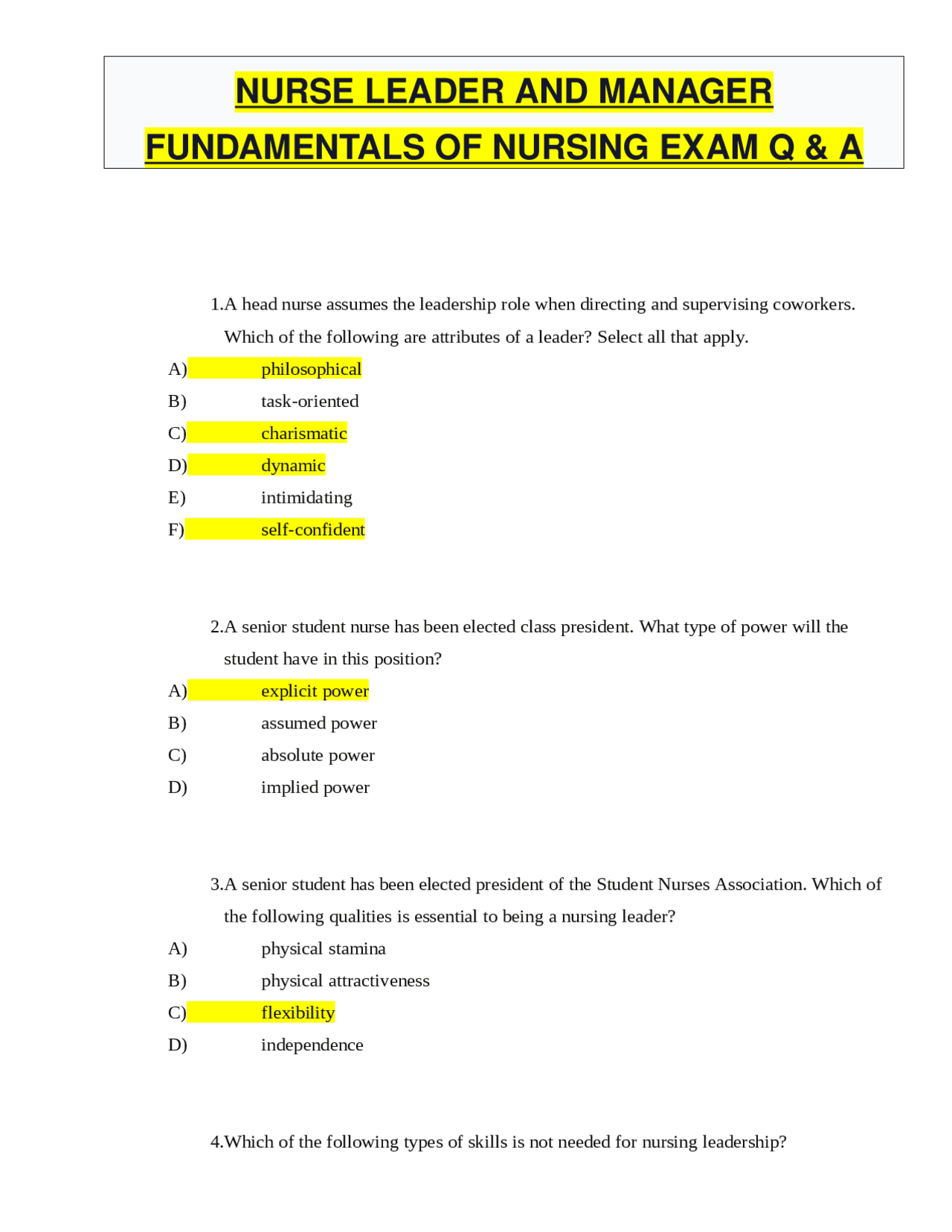 Nurse Leader and Manager Fundamentals of Nursing Exam Q & A | Exams ...
