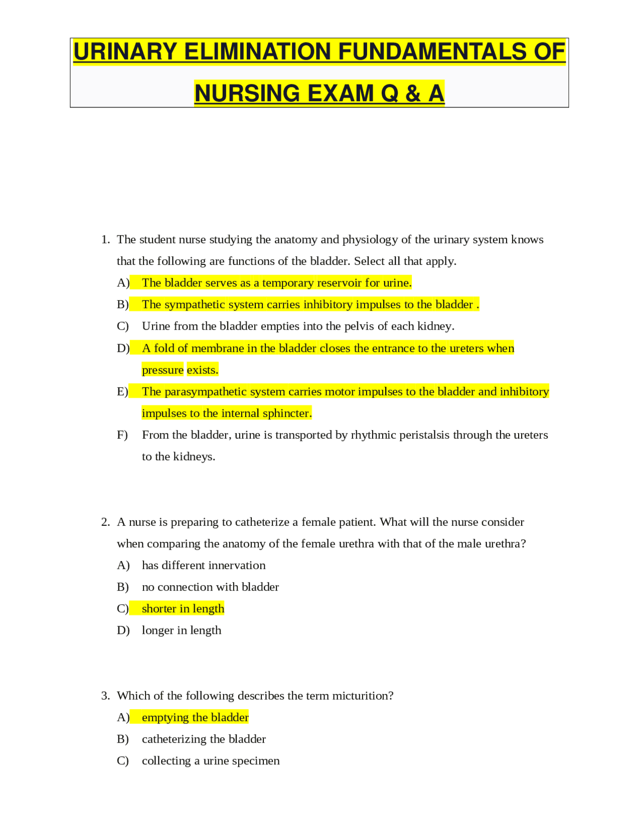 URINARY ELIMINATION FUNDAMENTALS OF NURSING EXAM Q & A | Exams Nursing ...