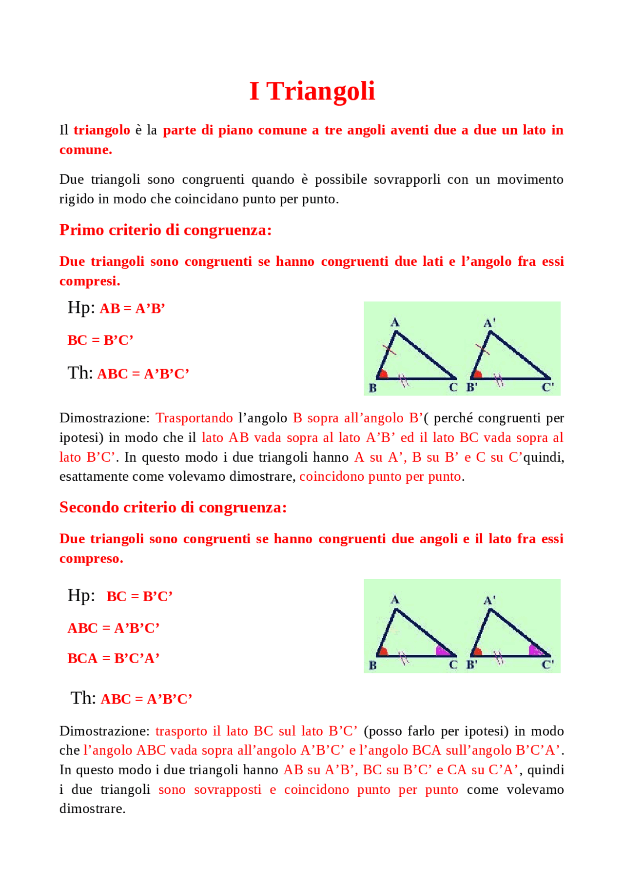 Triangoli: definizioni e criteri di congruenza | Appunti di Matematica | Docsity