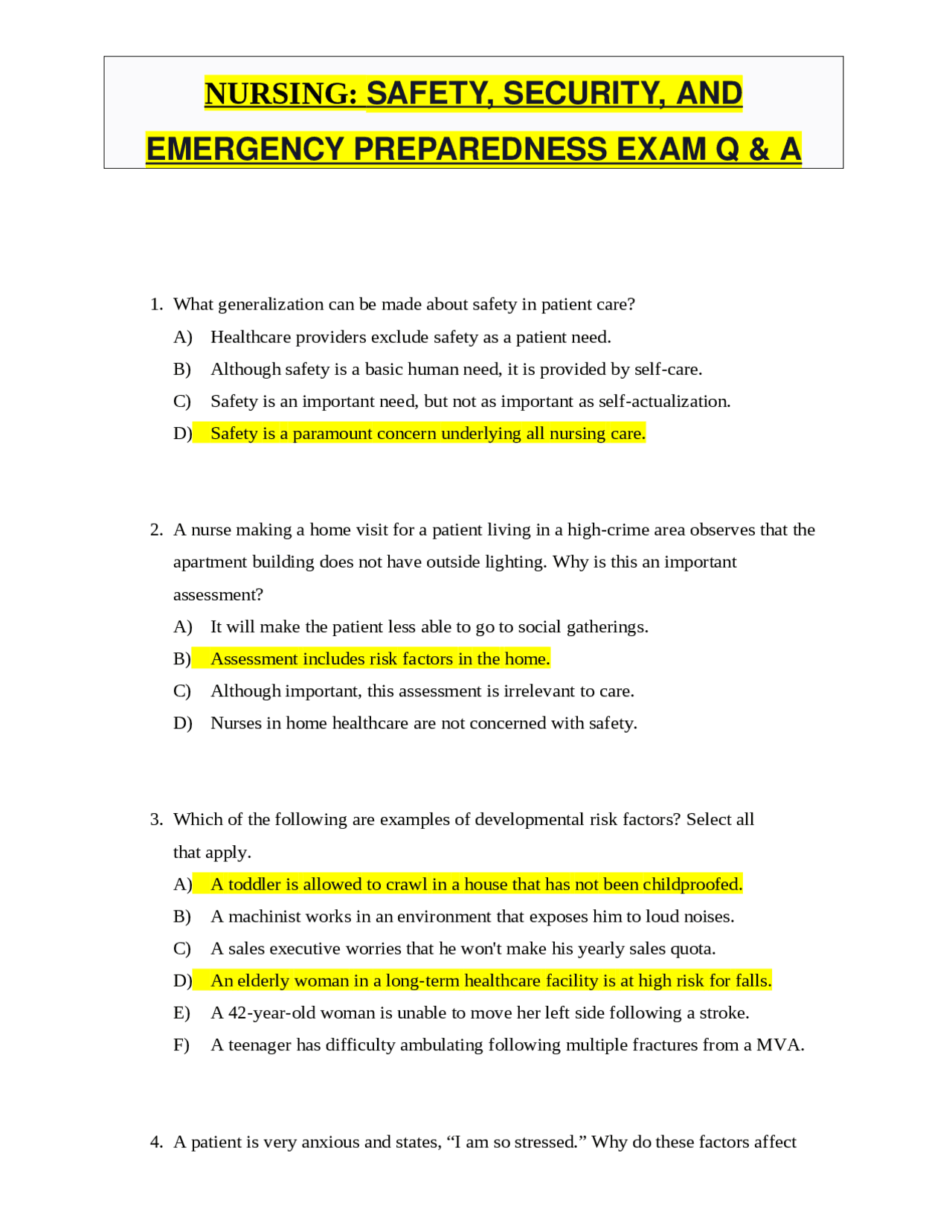 Nursing: Safety, Security, and Emergency Preparedness Exam Q & A ...