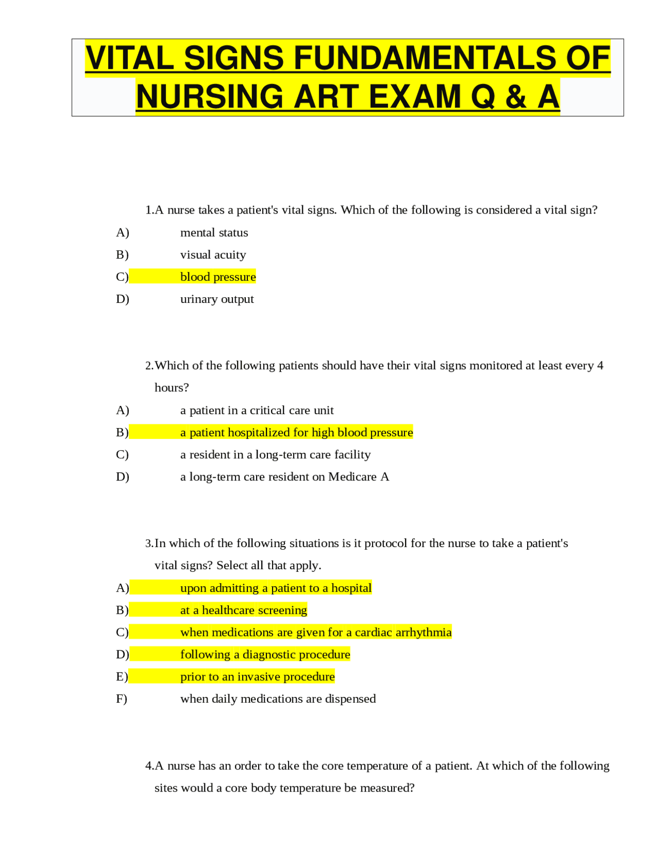 VITAL SIGNS FUNDAMENTALS OF NURSING ART EXAM Q & A | Exams Nursing ...
