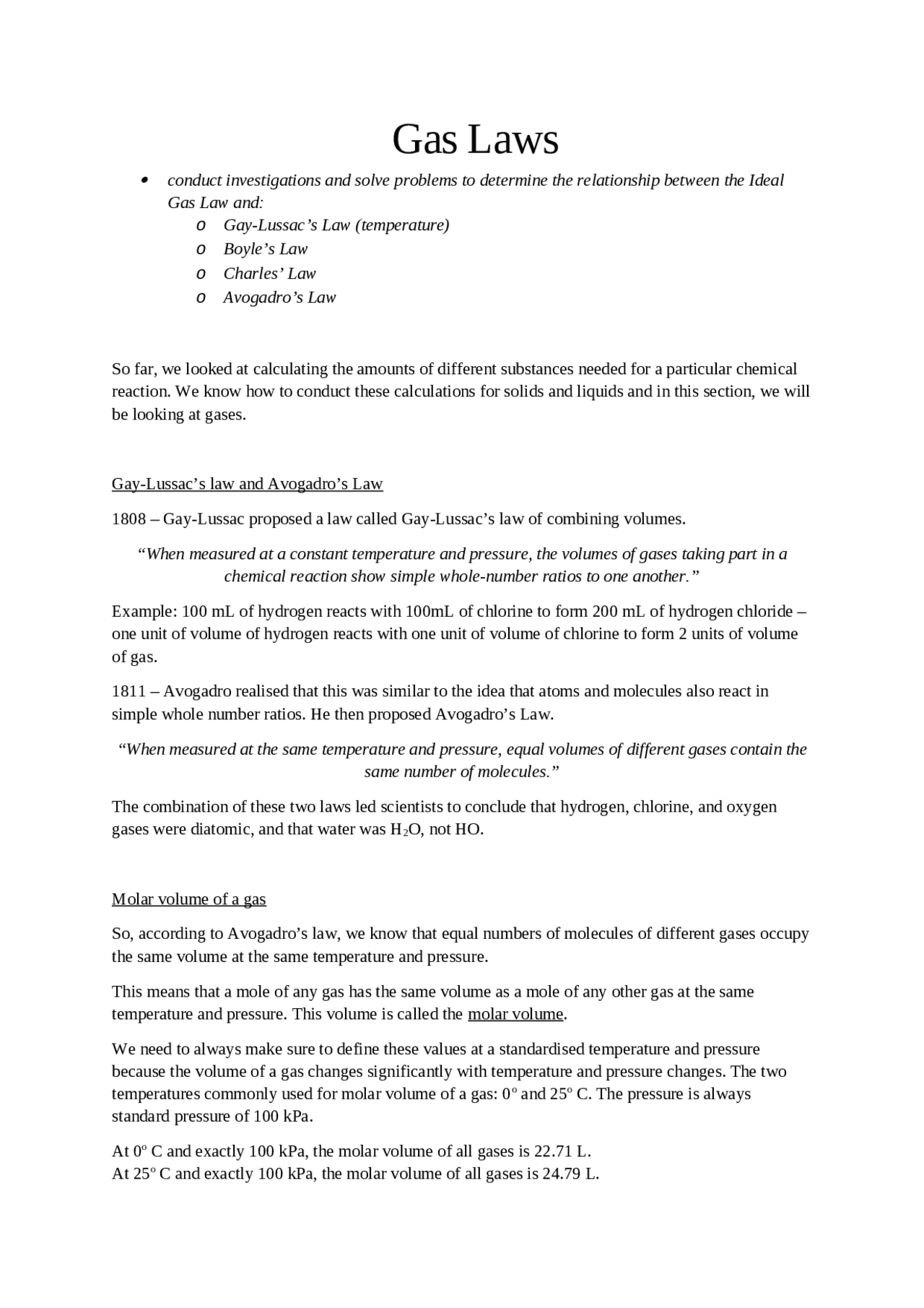 Summarise year 11 gas laws and includes formulas to represent the gas ...