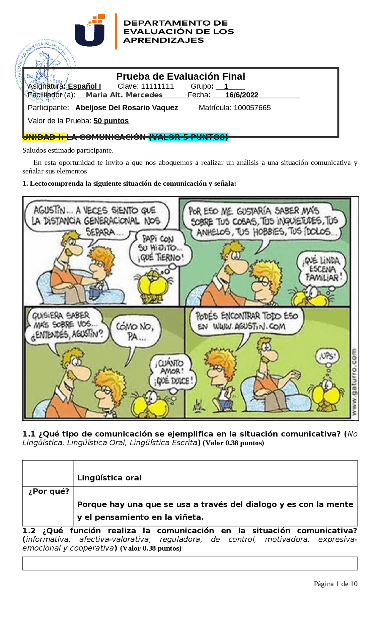 Prueba final de español 1 | Exámenes de Idioma Español | Docsity