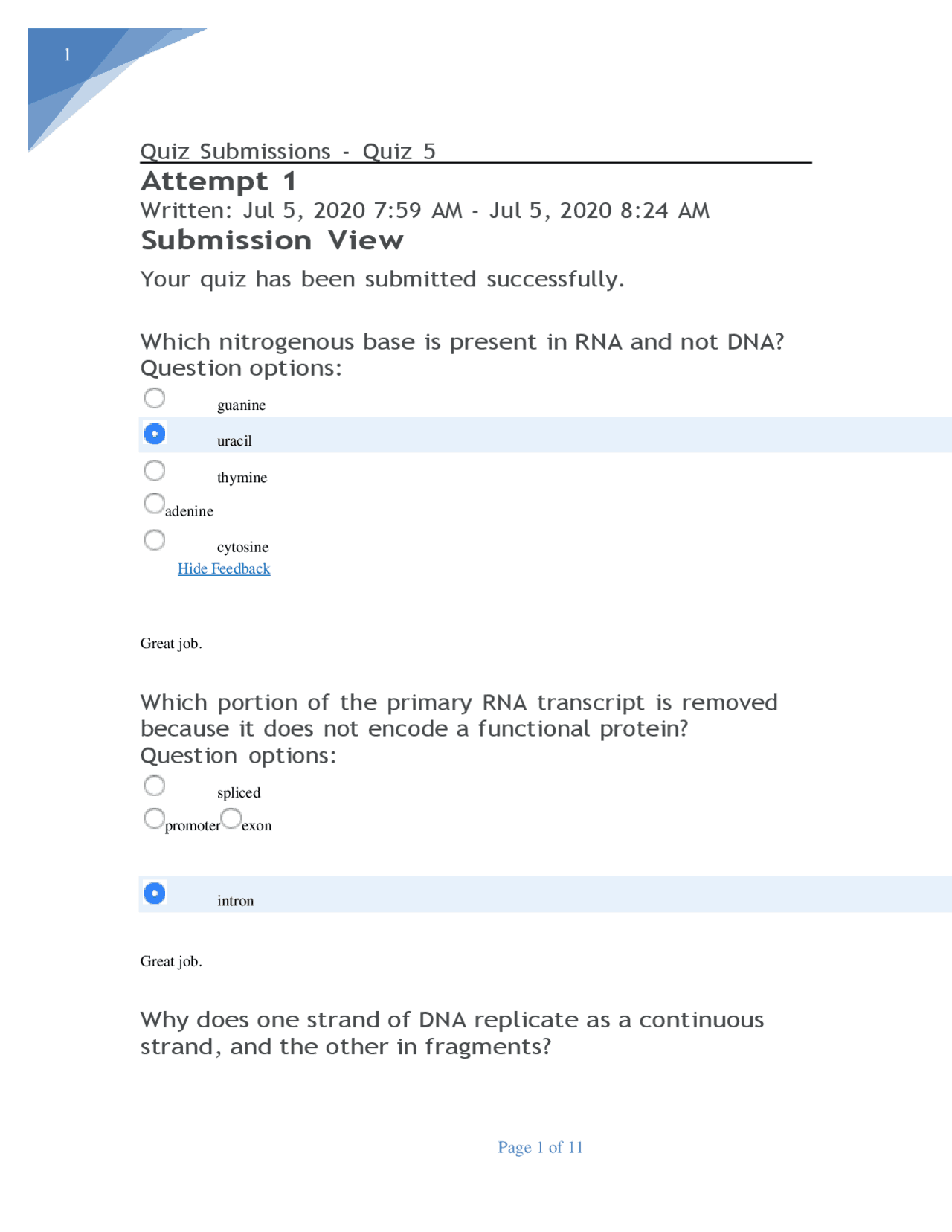 Quiz_5_Submissions.AP Biology DNA and RNA Structure. | Exams Nursing ...