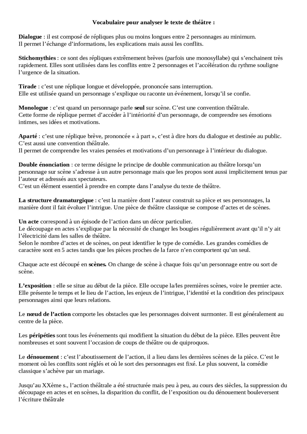 Vocabulaire analyse pièce de théatre | Lectures Français | Docsity