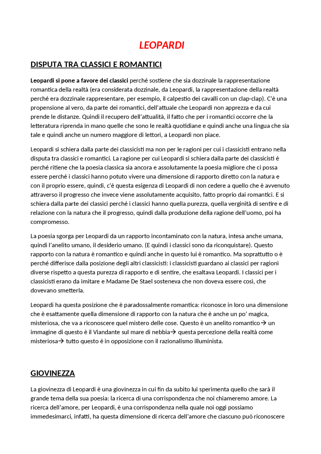 LEZIONE DI ITALIANO SU LEOPARDI | Appunti di Italiano | Docsity