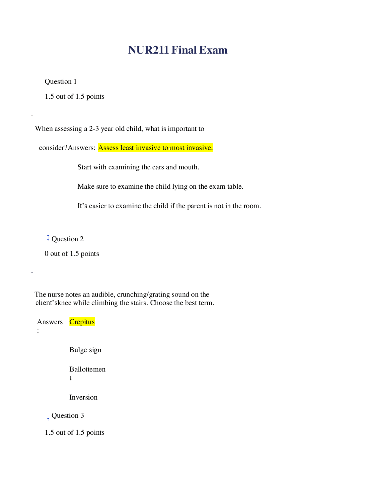 NUR211 Final Exam Questions and Answers | Exams Nursing | Docsity