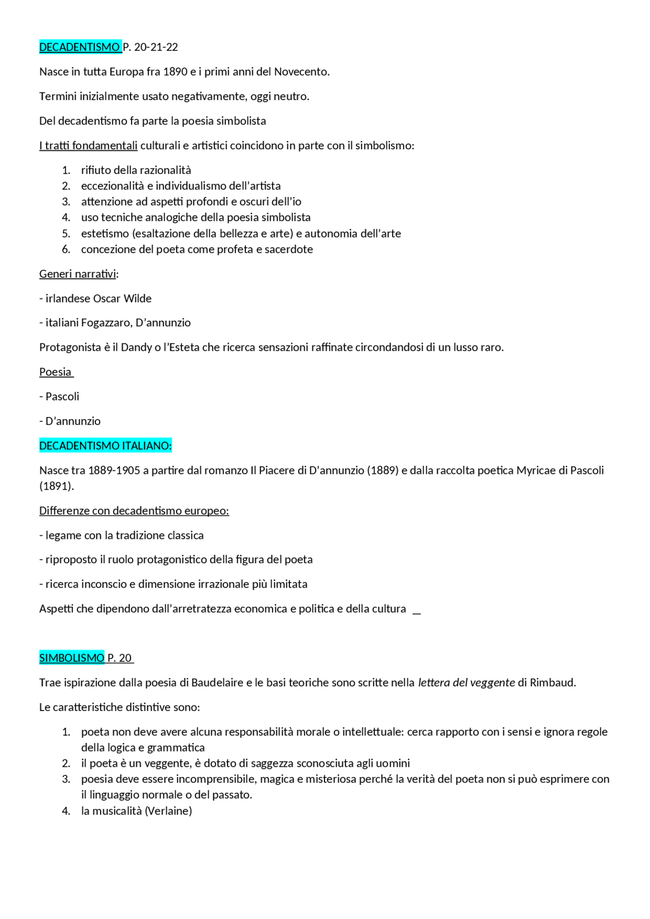 Simbolismo E Decadentismo Appunti Di Italiano Docsity