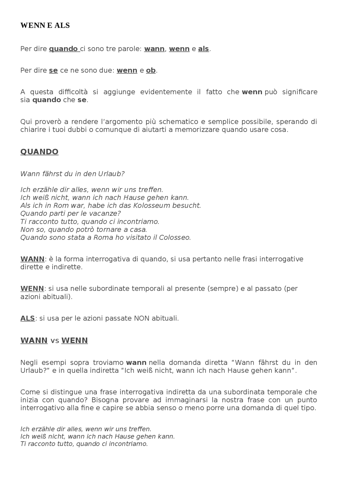 Regole per WENN, ALS, OB e WANN | Appunti di Lingua Tedesca | Docsity