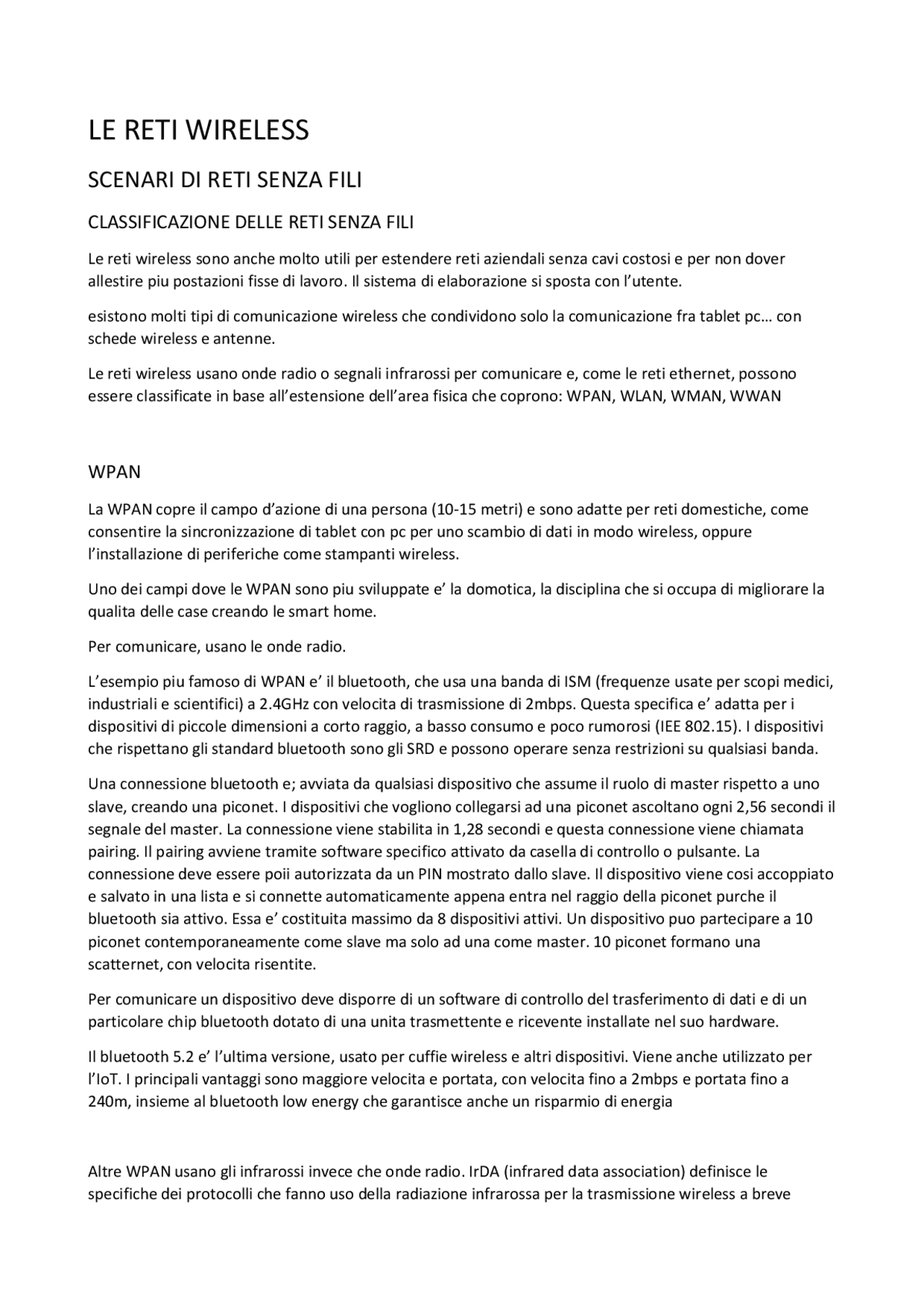 Reti Wireless: Classificazione e Sicurezza | Appunti di Sistemi di reti | Docsity