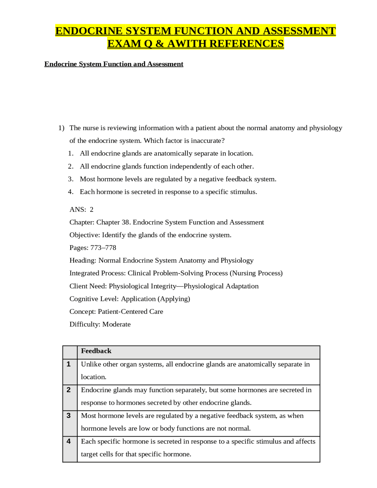 ENDOCRINE SYSTEM FUNCTION AND ASSESSMENT EXAM Q & AWITH REFERENCES ...