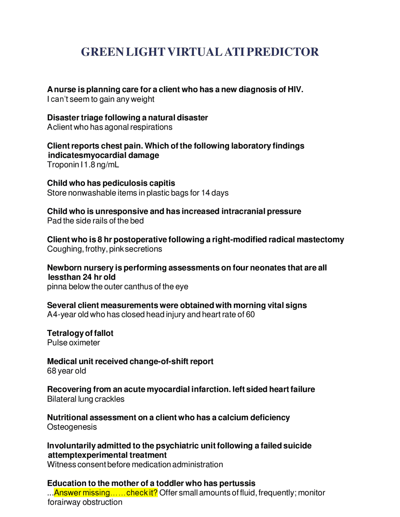 GREEN LIGHT VIRTUAL ATI PREDICTOR | Exams Nursing - Docsity