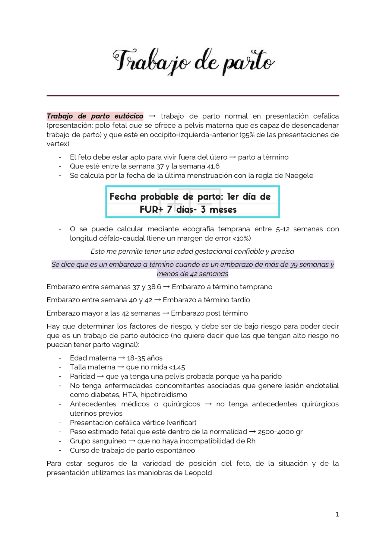 Trabajo de parto normal/eutócico | Apuntes de Ginecología | Docsity