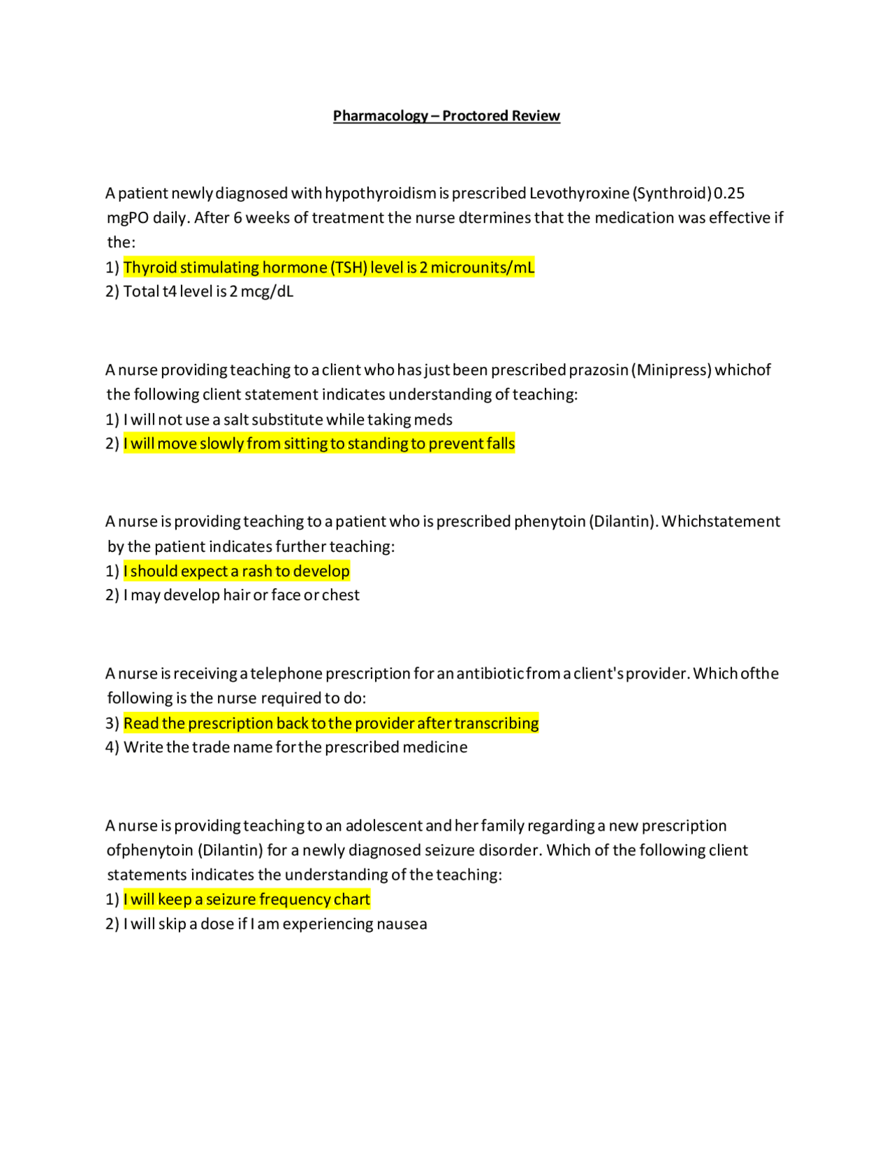 Pharmacology Proctored Review | Exams Nursing | Docsity